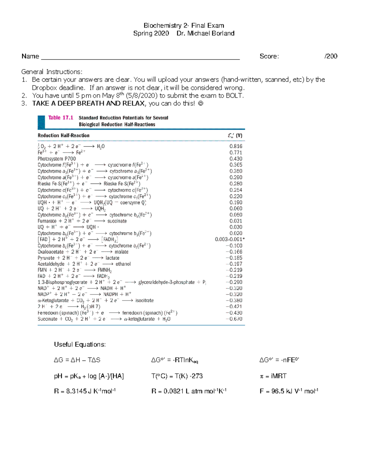Biochem Final - Biochemistry 2- Final Exam Spring 2020 Dr. Michael ...