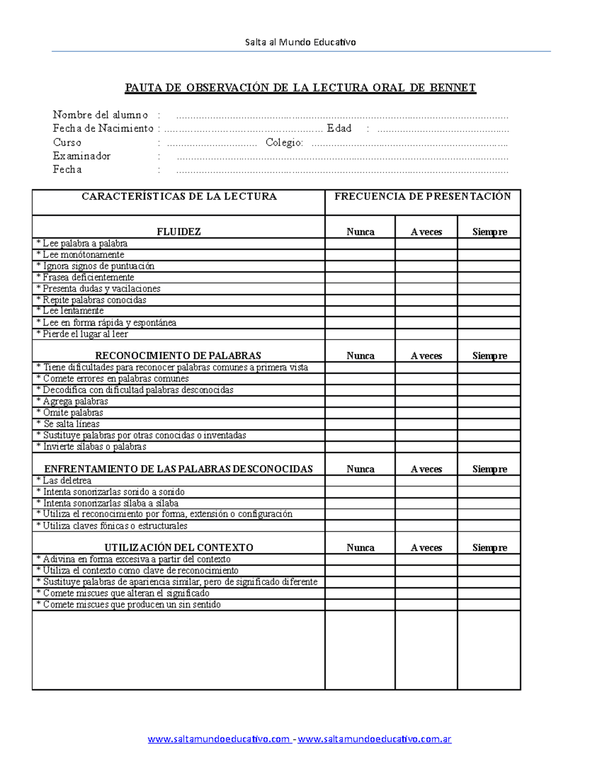 Pauta de Observacion de la Lectura Oral de Bennet - Salta al Mundo Educativo saltamundoeducativo ...