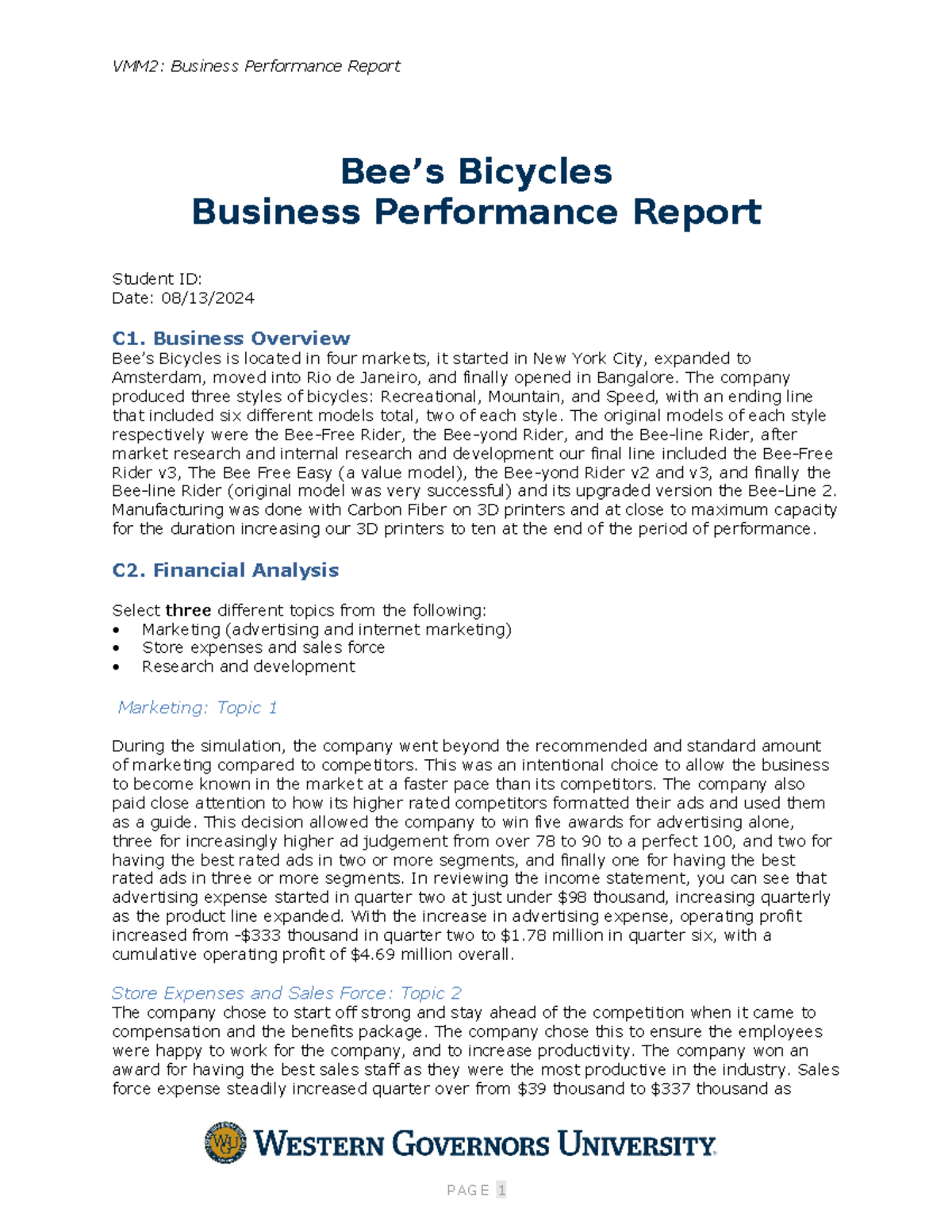D361 Business Simulation Task 1 - VMM2: Business Performance Report Bee ...
