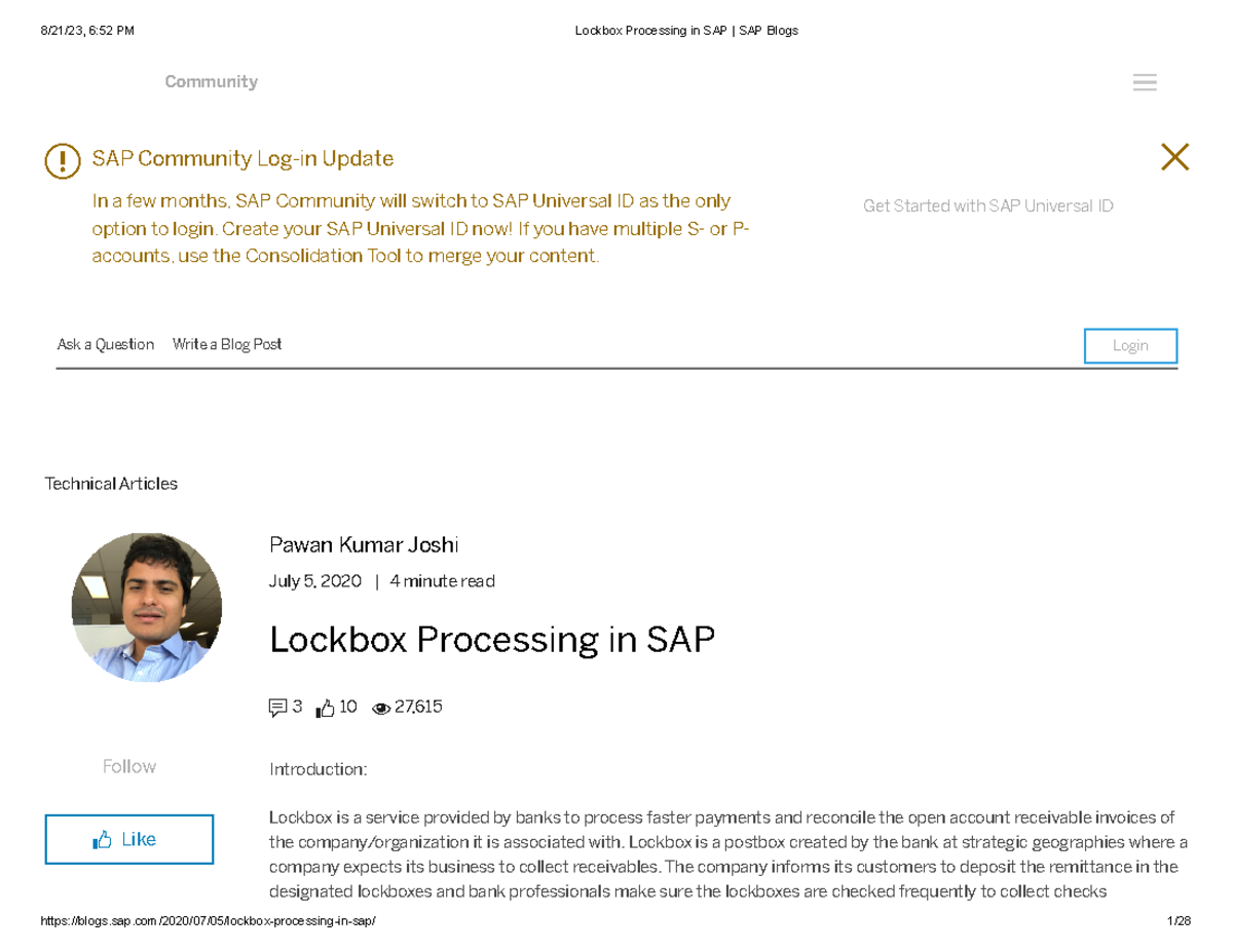 Lockbox Processing in SAP SAP Blogs - Community SAP Community Log-in ...