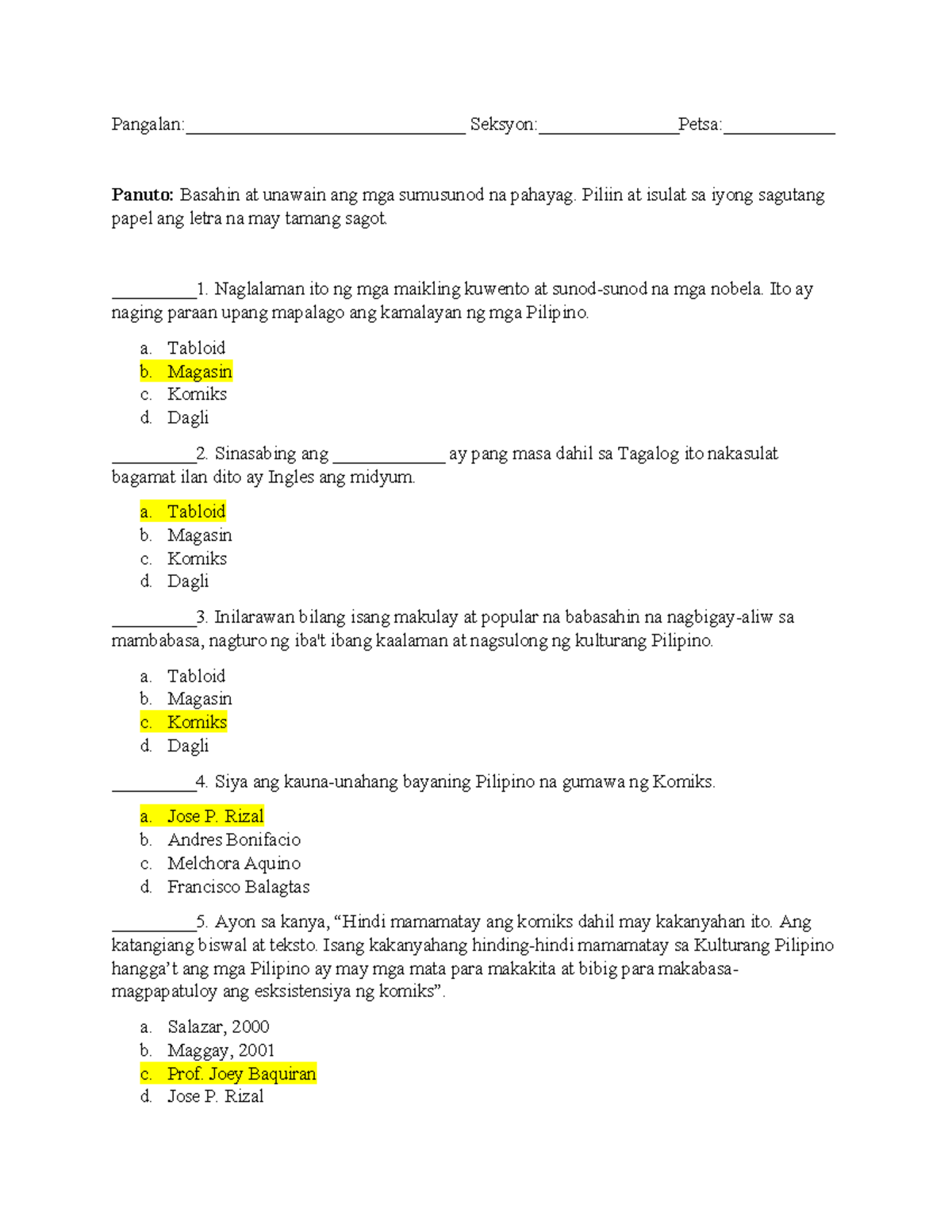 Panitikang Popular - Pangalan:______________________________ Seksyon:___Petsa: Panuto: Basahin ...