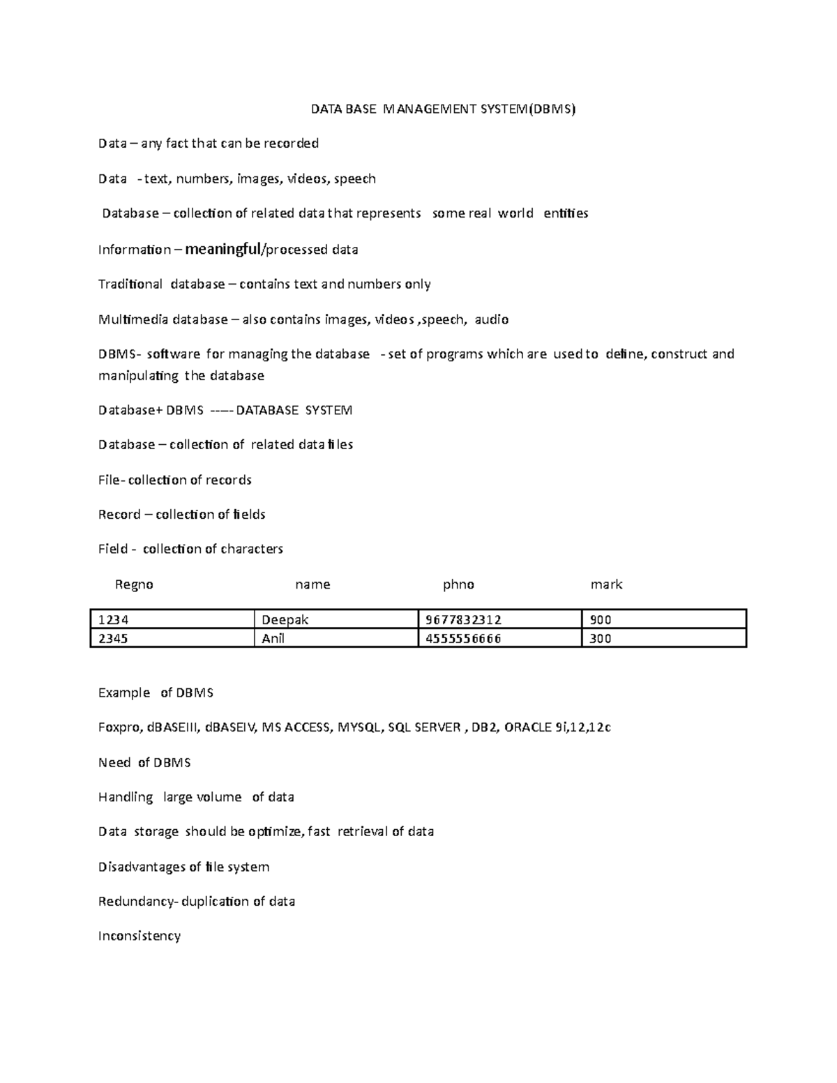 DBMS1 - DATA BASE MANAGEMENT SYSTEM(DBMS) Data – any fact that can be recorded Data - text ...