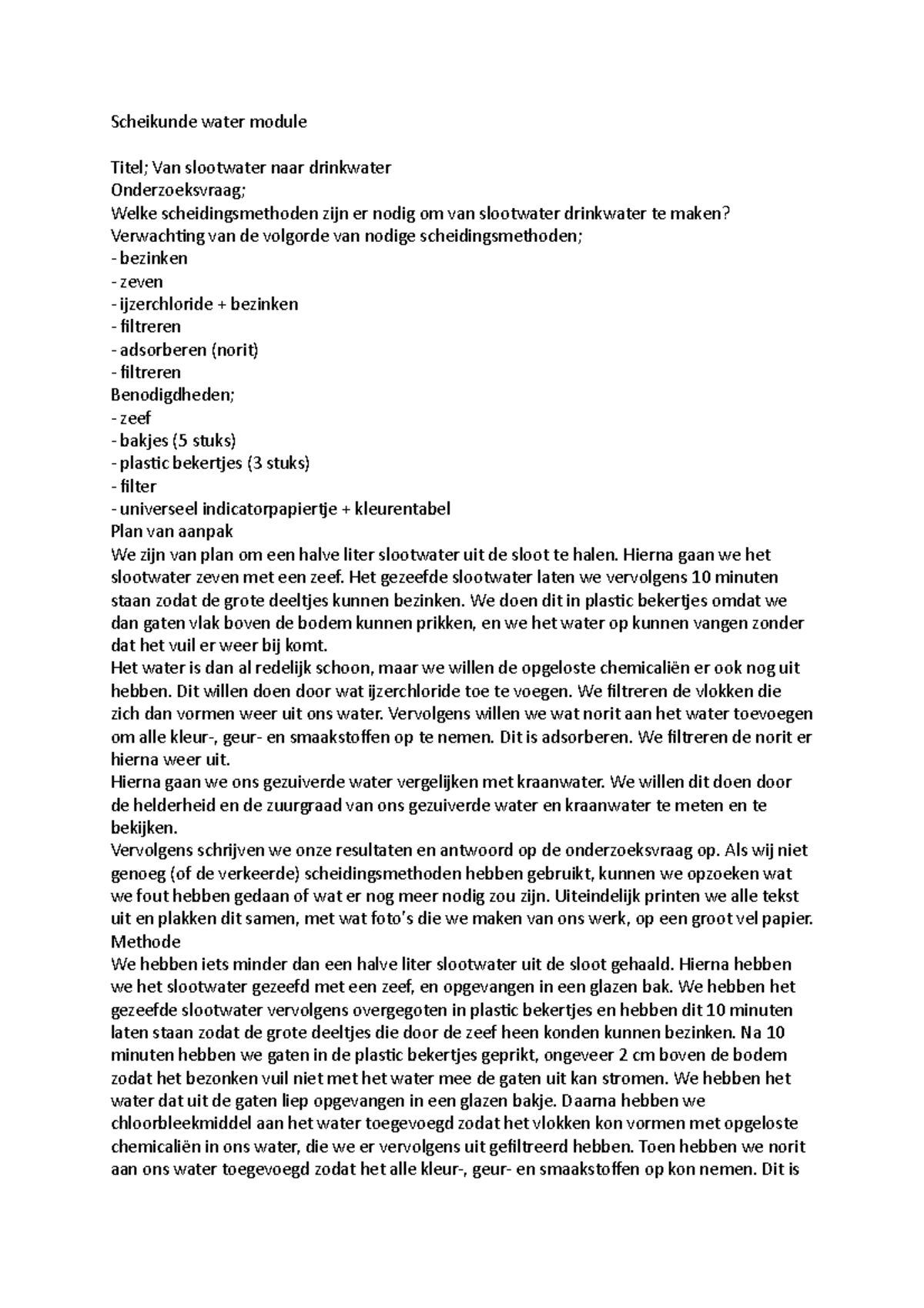 Scheikunde drinkwater verslag - Scheikunde water module Titel; Van ...