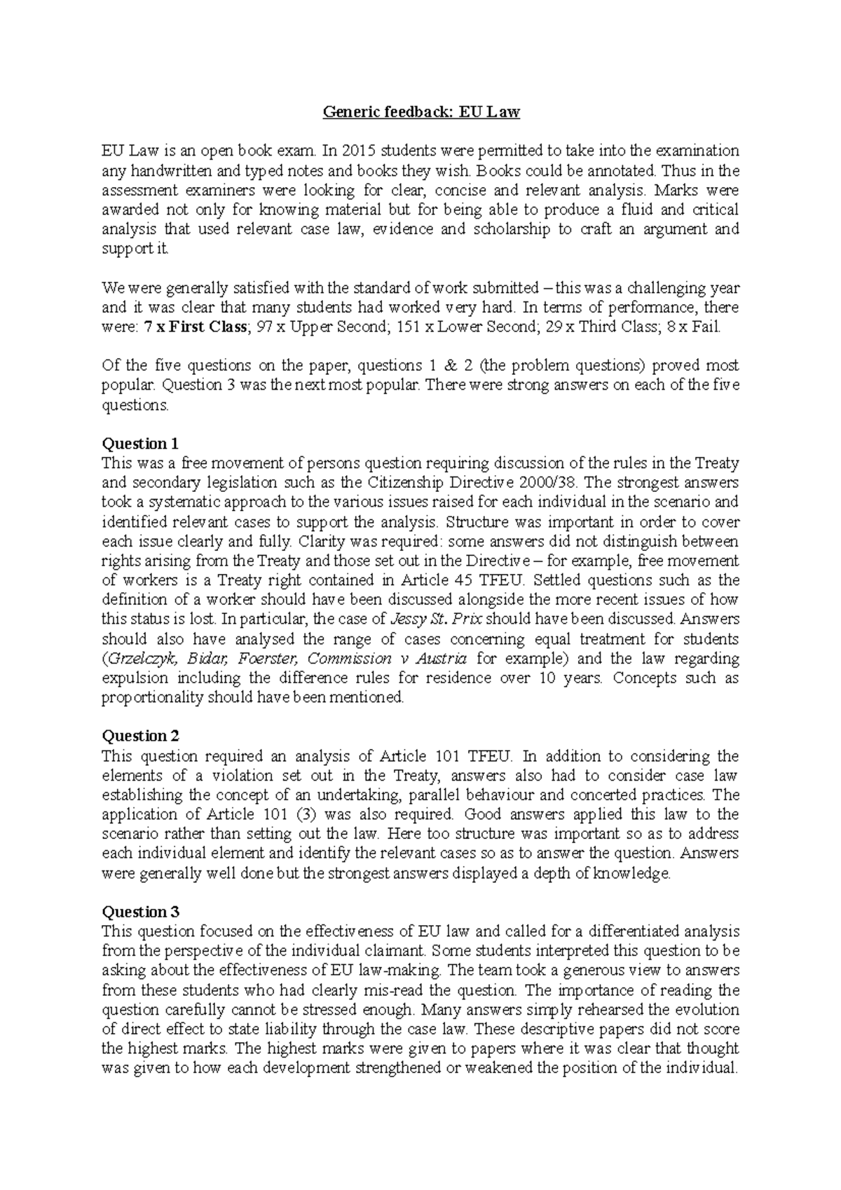 Generic feedback - In 2015 students were permitted to take into the ...