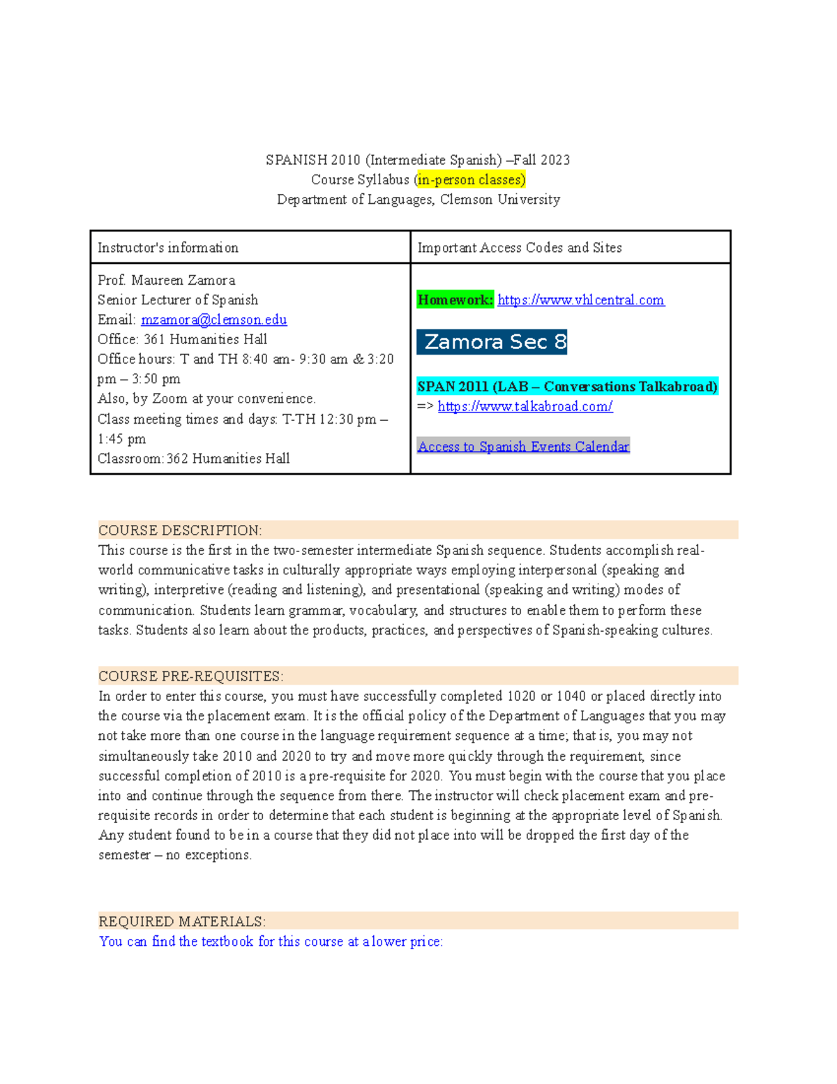 Spanish 2010 (Intermediate Spanish) –Fall 2023 Syllabus - SPANISH 2010 ...