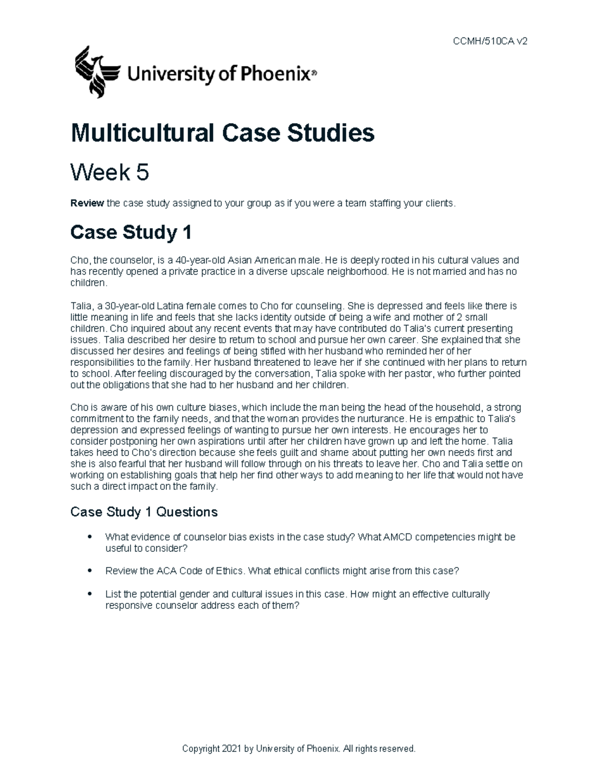 Ccmh510ca v2 wk5 case studies - CCMH/510CA v Multicultural Case Studies Week 5 Review the case ...