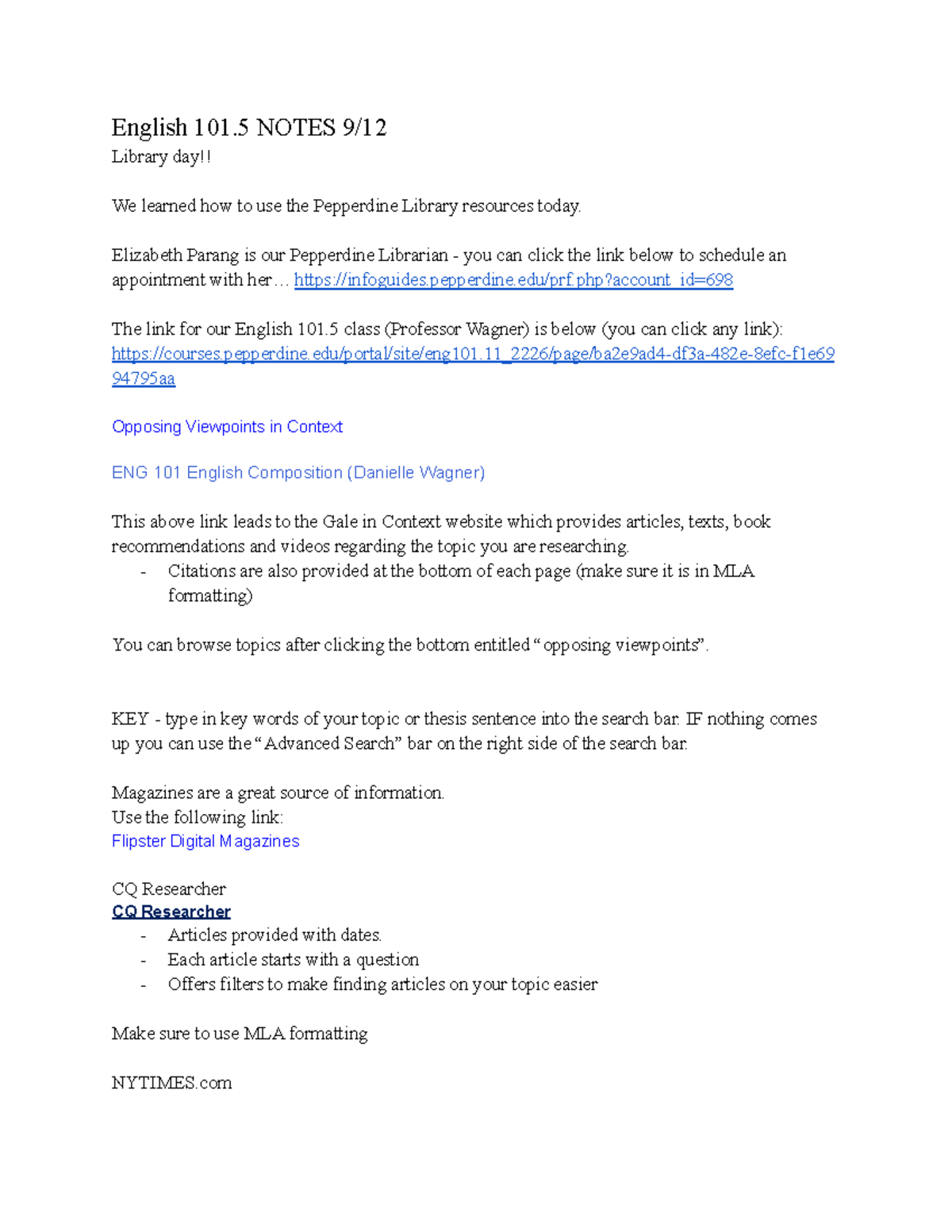 English 101.5 Notes week 2 part one - English 101 NOTES 9/ Library day ...