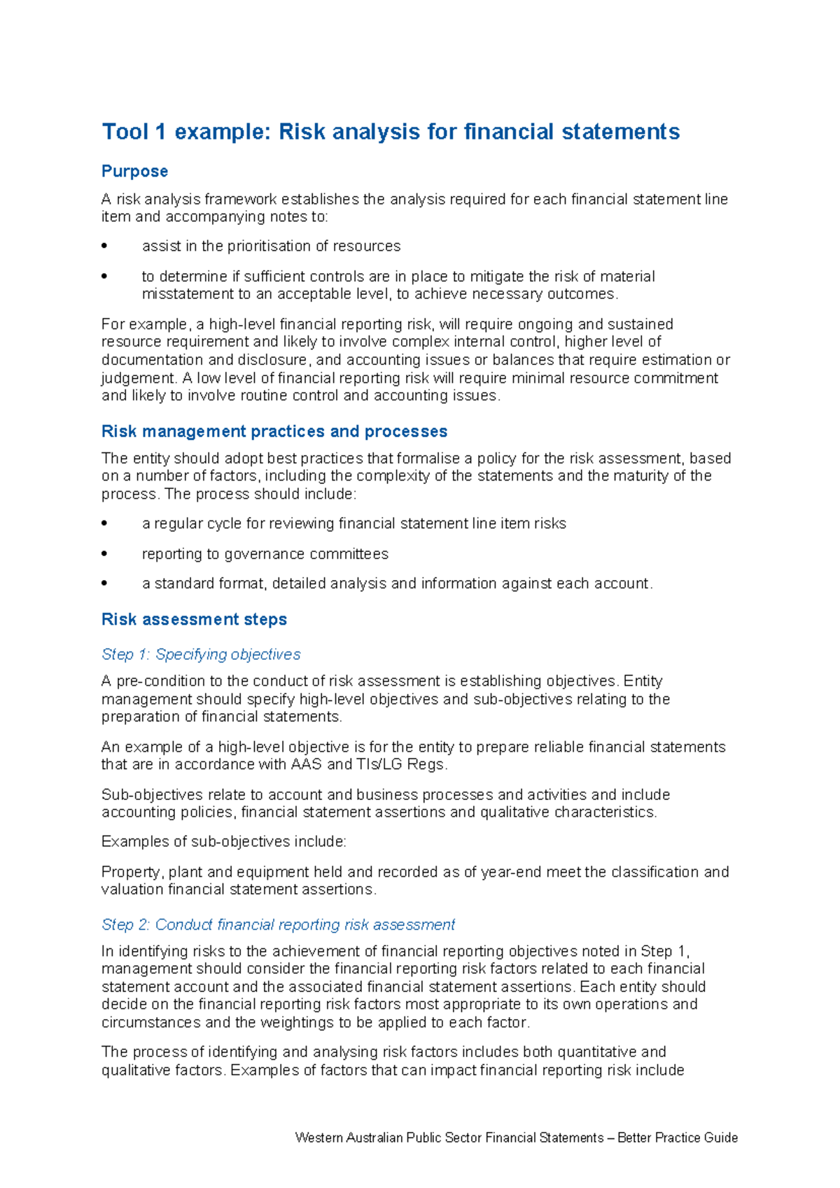 Tool 1 Example Risk analysis for financial statements - Tool 1 example ...