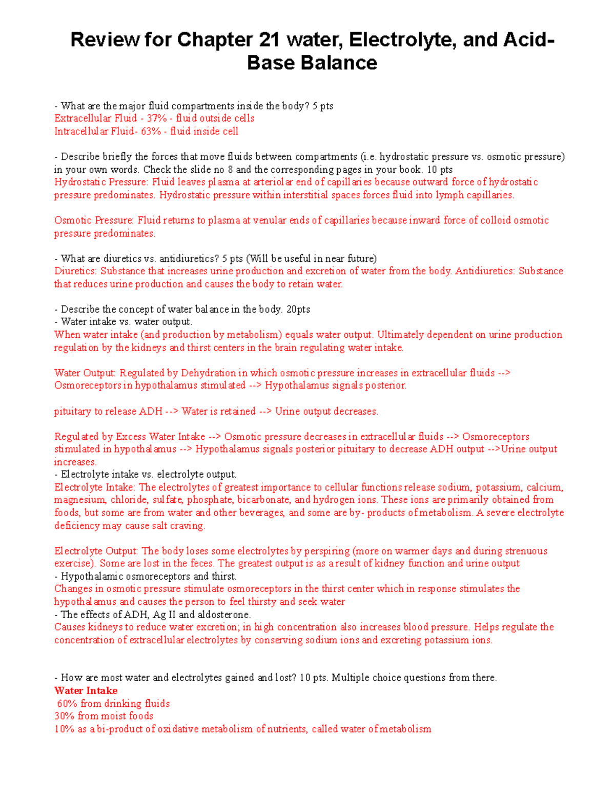 Chapter 21 Review - Review for Chapter 21 water, Electrolyte, and Acid ...