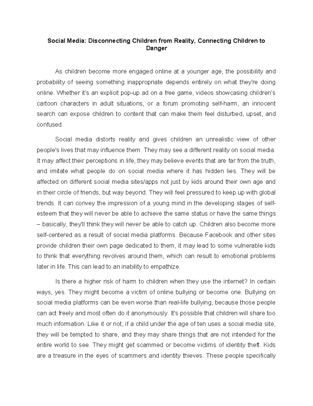 Position paper - Social Media: Disconnecting Children from Reality ...