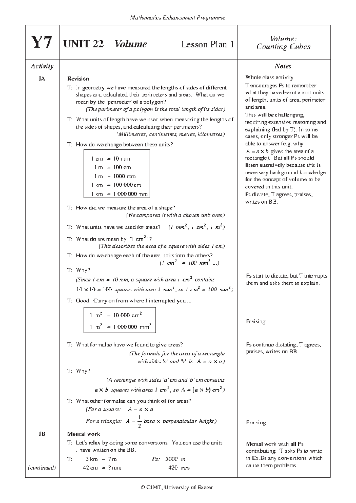 Unit 22 Volume lesson plan and notes - Mathematics Enhancement ...