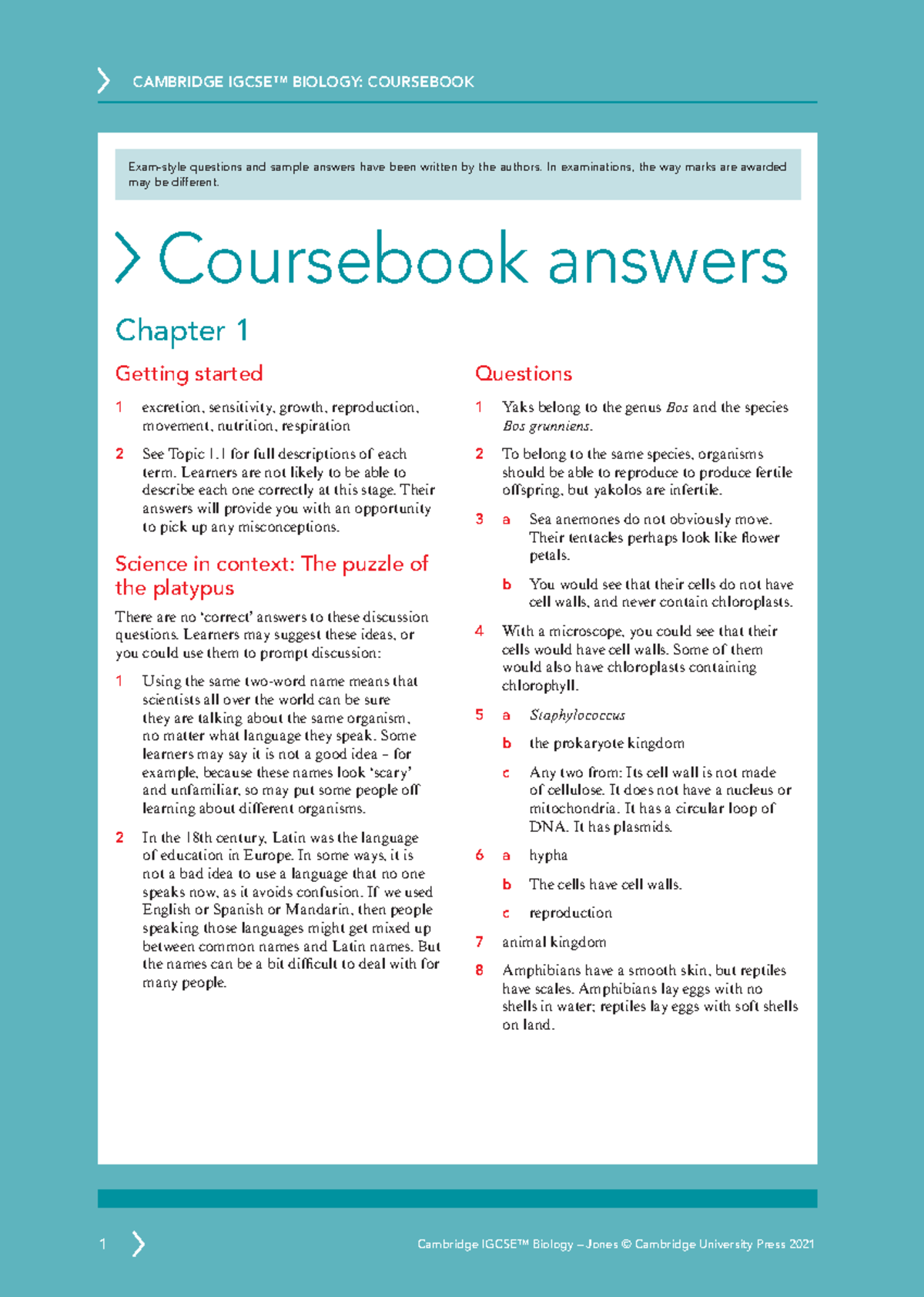Biology Coursebook Answers - Coursebook answers Chapter 1 Getting ...