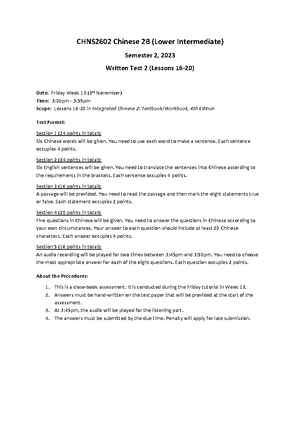 Guideline - CHNS2602 Written Test 1 - CHNS 2602 Chinese 2 B (Lower ...