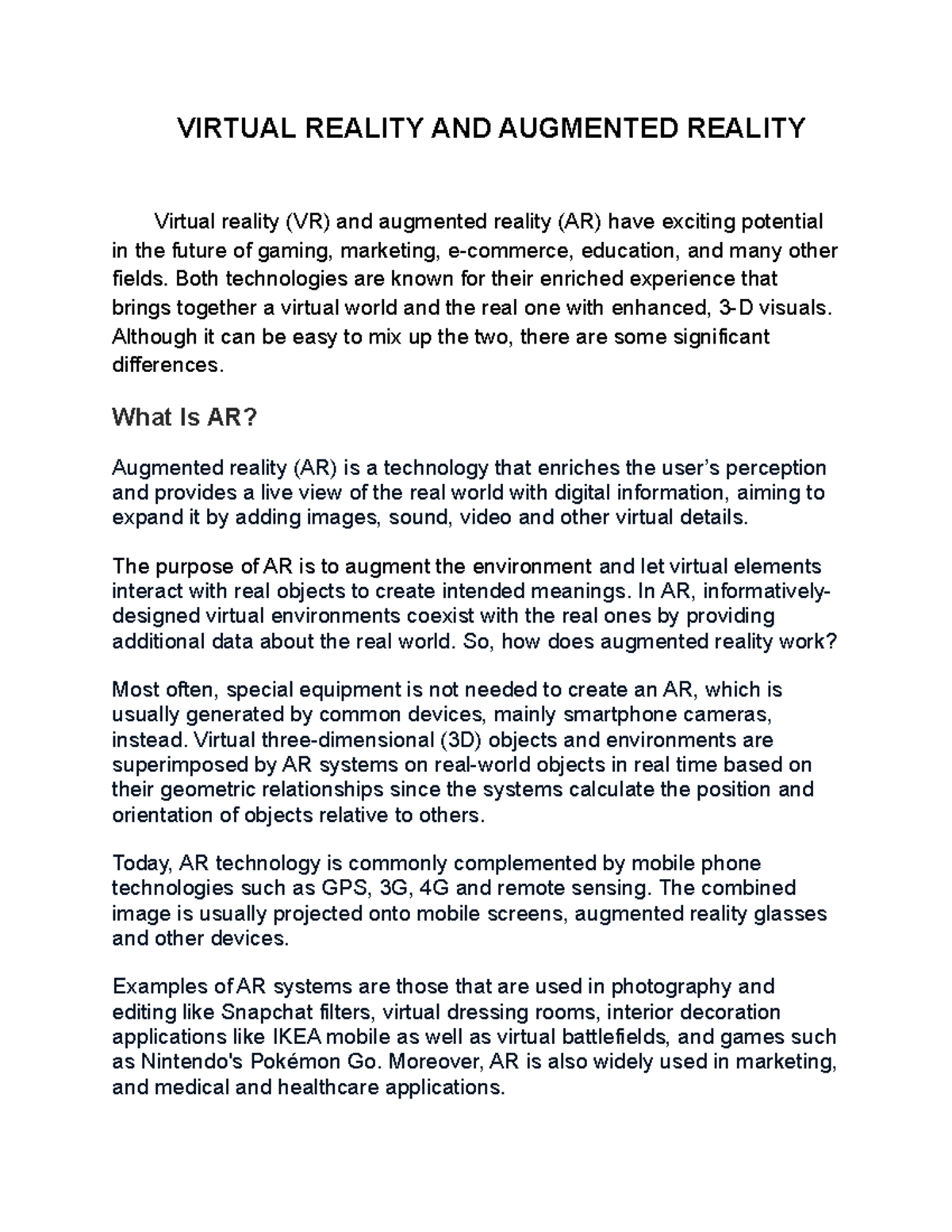 Virtual reality and Augmented reality - VIRTUAL REALITY AND AUGMENTED ...