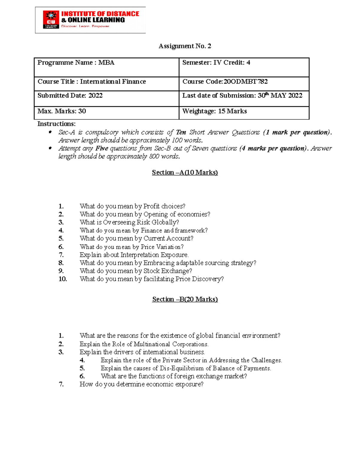 International Finance - Assignment No. 2 Programme Name : MBA Semester: IV Credit: 4 Course ...