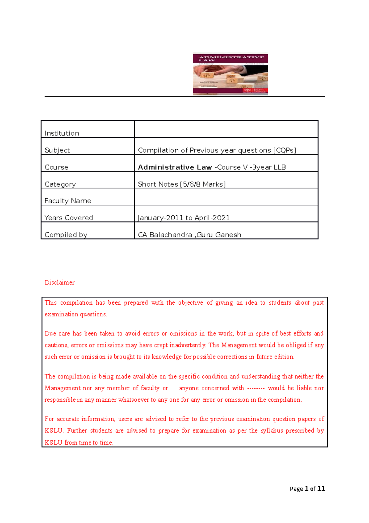 B-Adm Law-Short Notes - Institution Subject Compilation of Previous ...