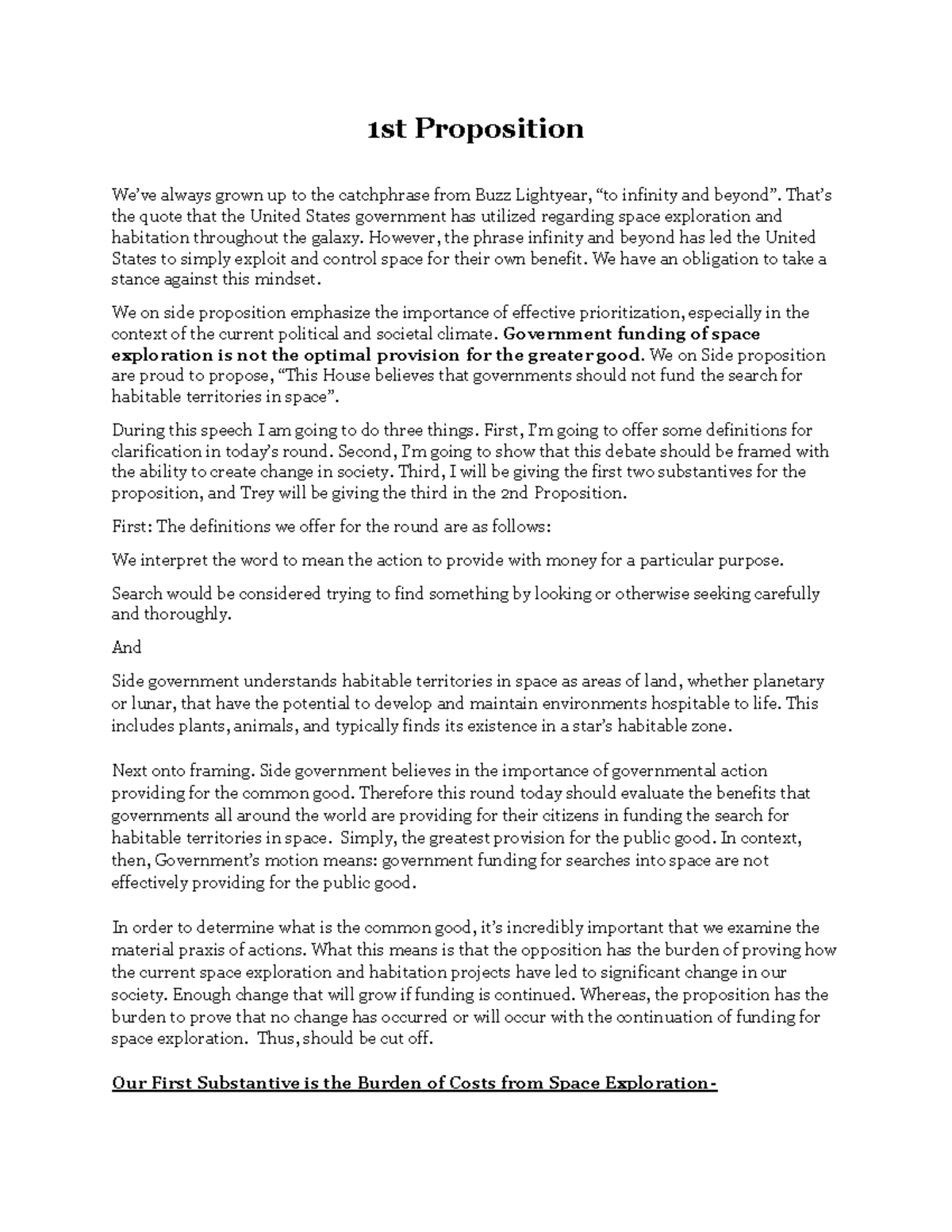 Example Proposition 1st and 2nd Speech - 1st Proposition We’ve always ...