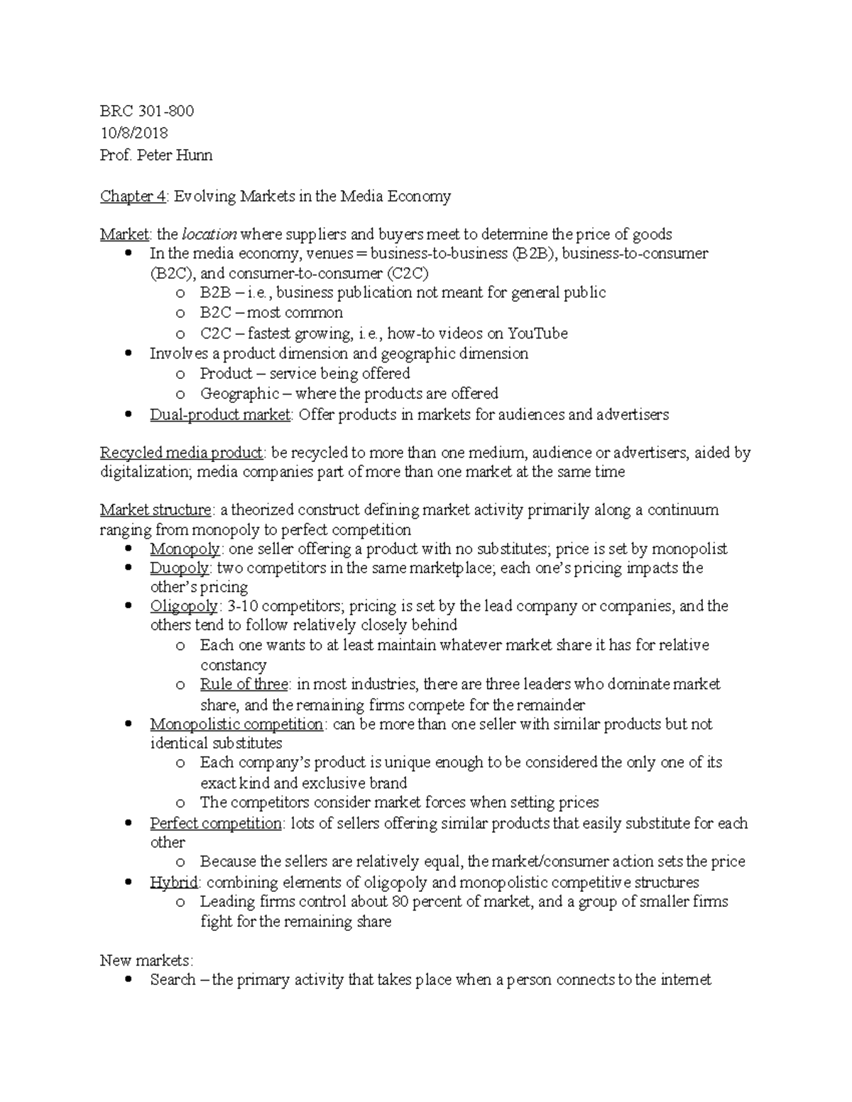 10:8:2018 - Lecture 3 notes - BRC 301- 10/8/ Prof. Peter Hunn Chapter 4 ...
