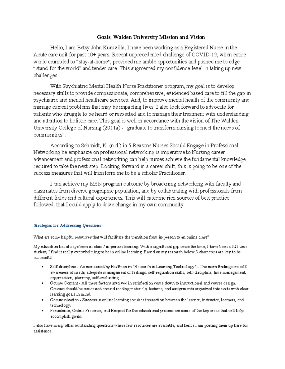 6002 Transition discussion - Goals, Walden University Mission and ...