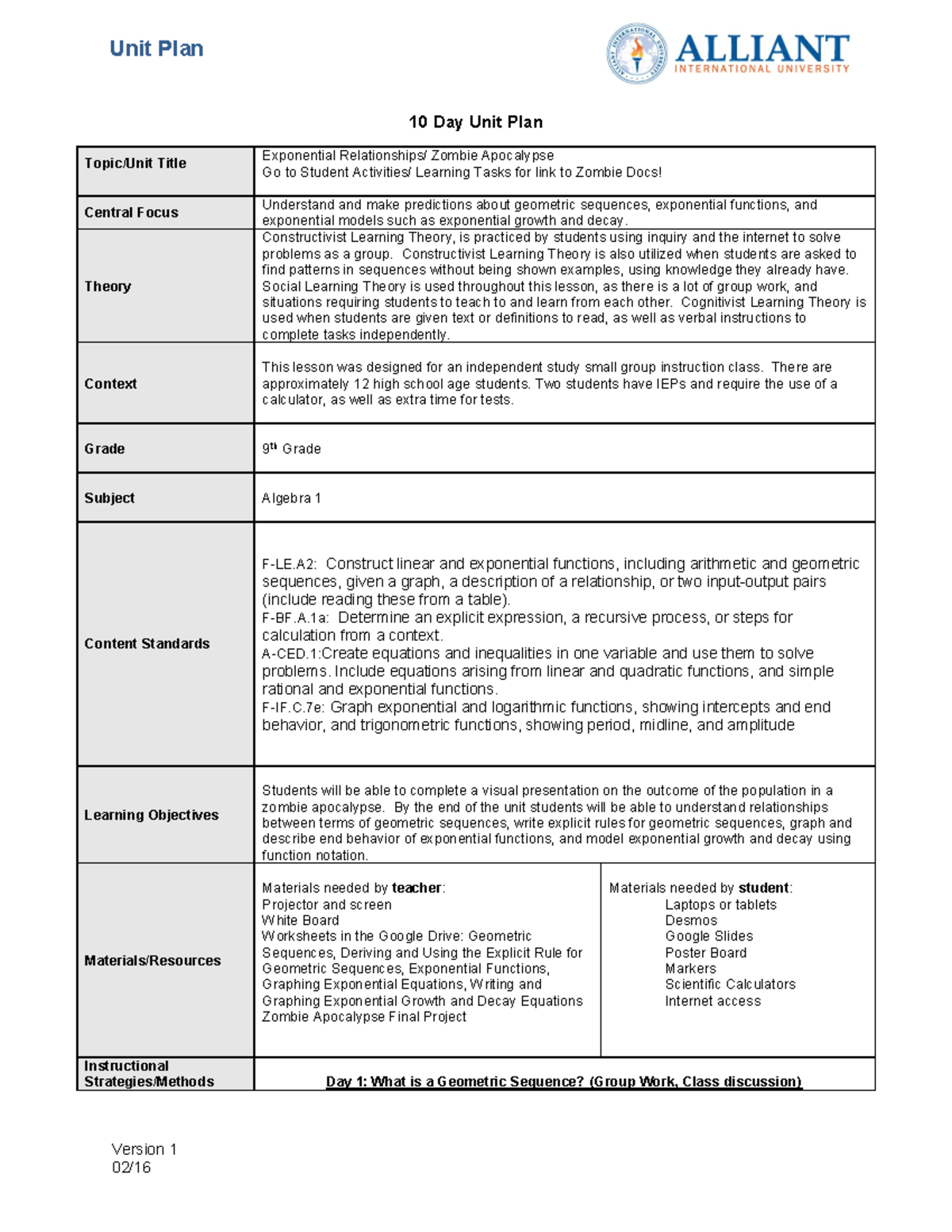Zombie Apocalypse Lesson Plan - Version 1 Unit Plan 10 Day Unit Plan ...