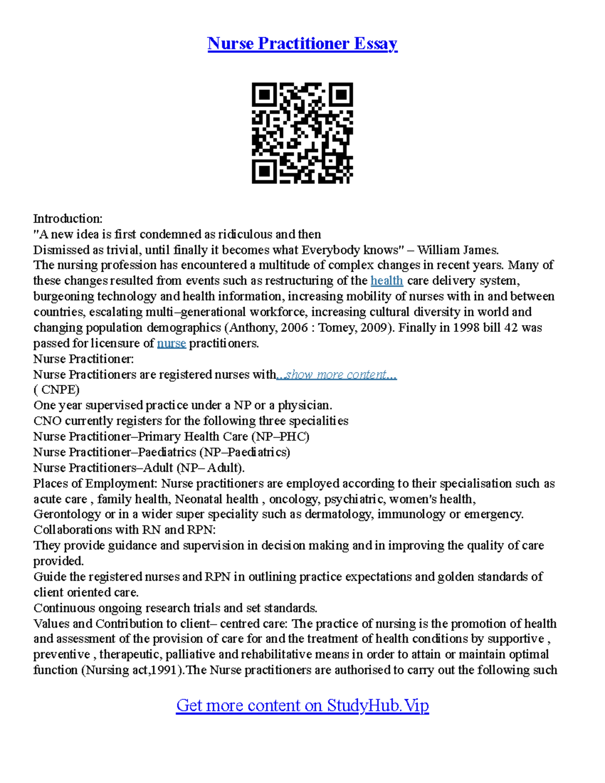 Nurse Practitioner Essay - Nurse Practitioner Essay Introduction: "A ...