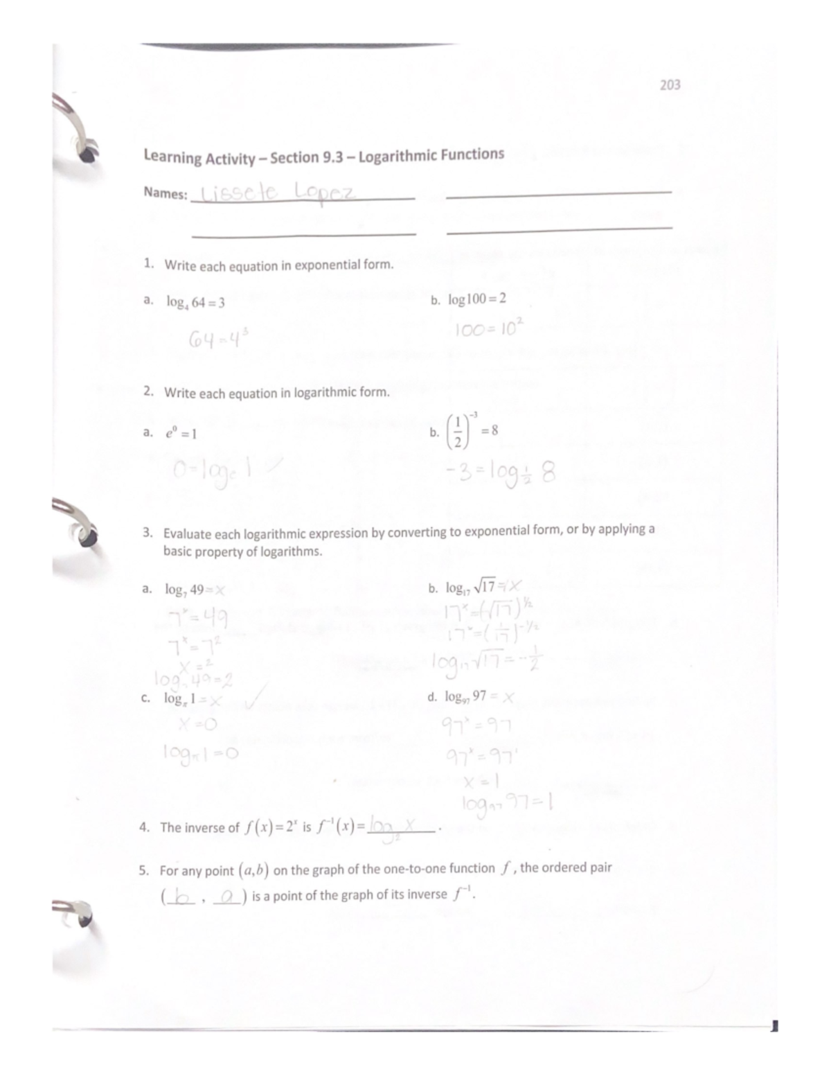 Learning Activity - Section 9.3 - Logarithmic Functions - Write each ...
