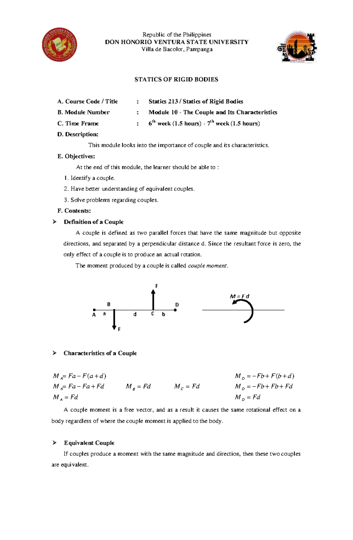 Module-10-Statics - Statics - STATICS OF RIGID BODIES A. Course Code / Title : Statics 213 ...