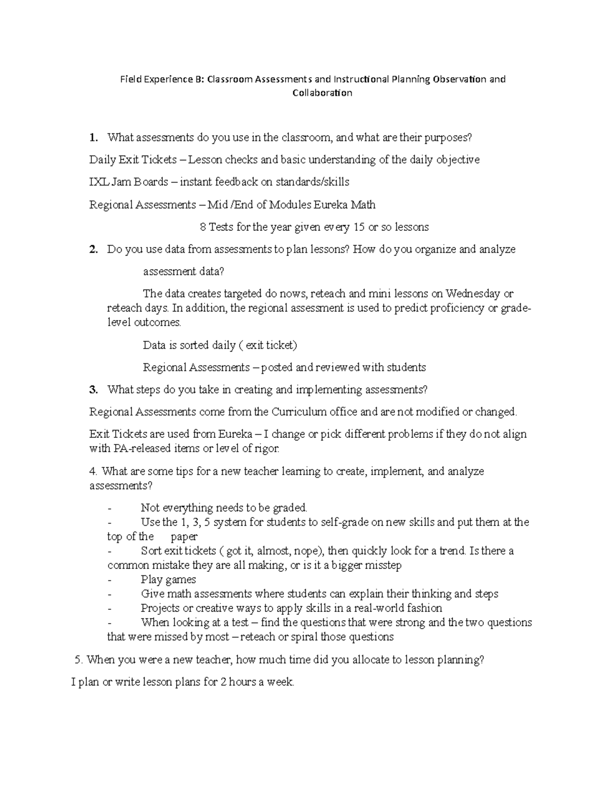 ELM 555 Classroom Assessments and Instructional Planning Observation ...