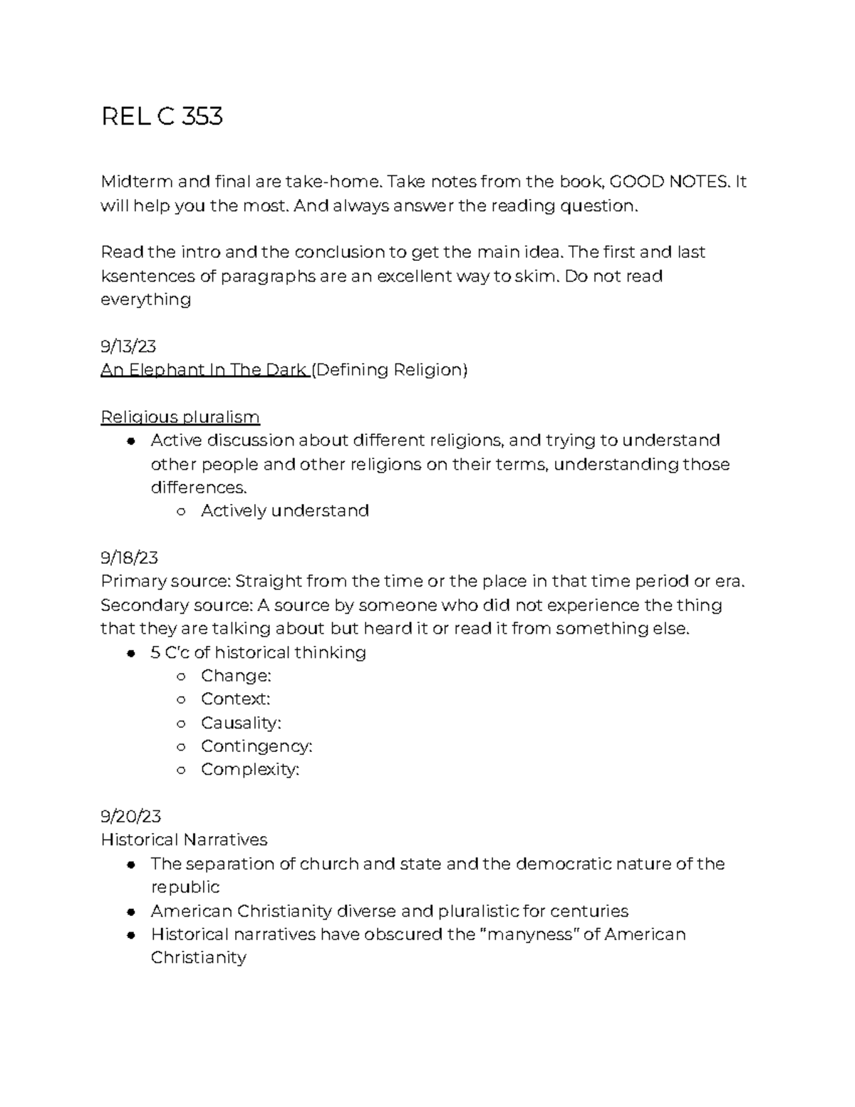 REL C 353 - In class discussion notes - REL C 353 Midterm and final are ...