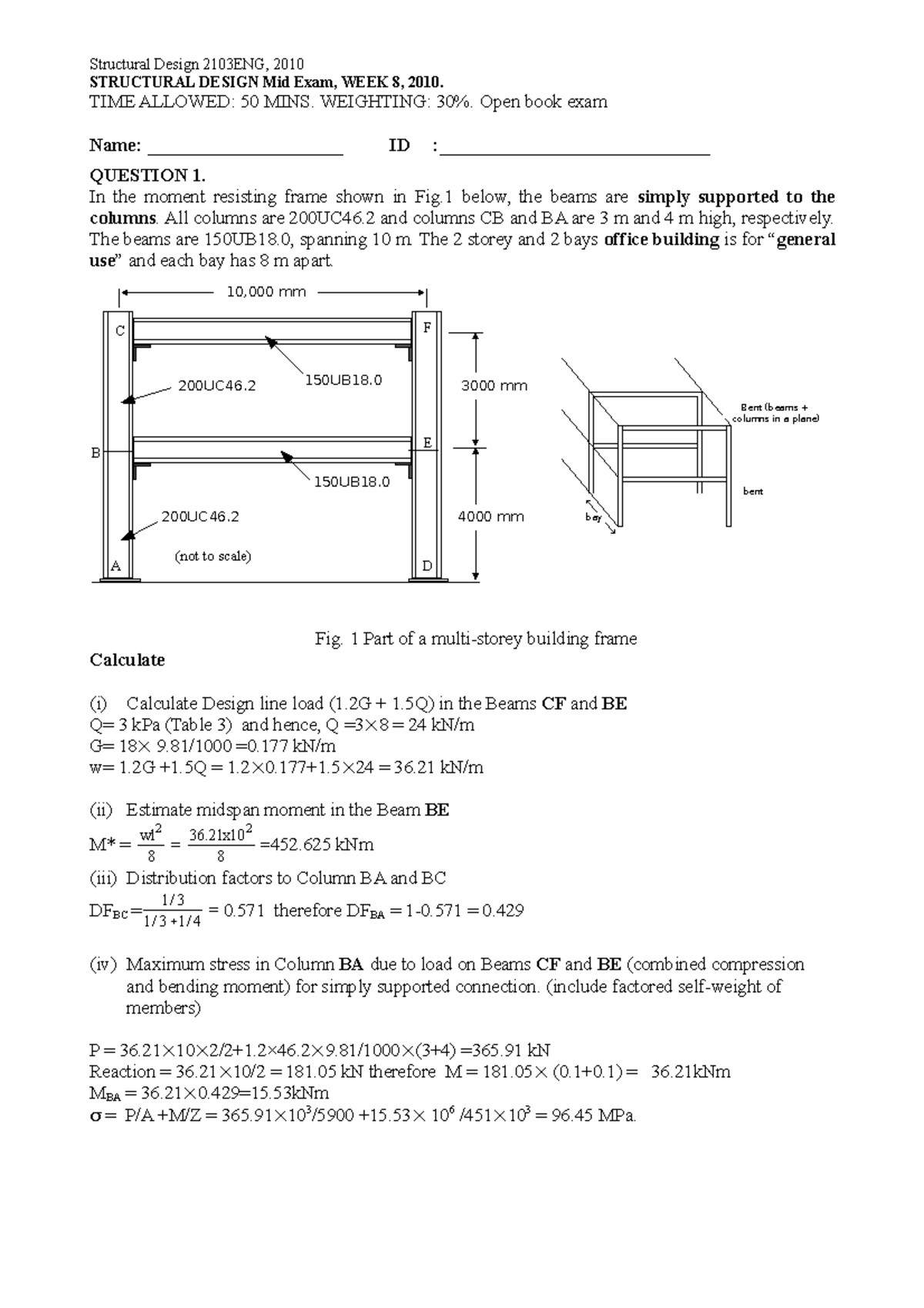 Exam 2010, answers - Structural Design 2103ENG, 2010 STRUCTURAL DESIGN ...