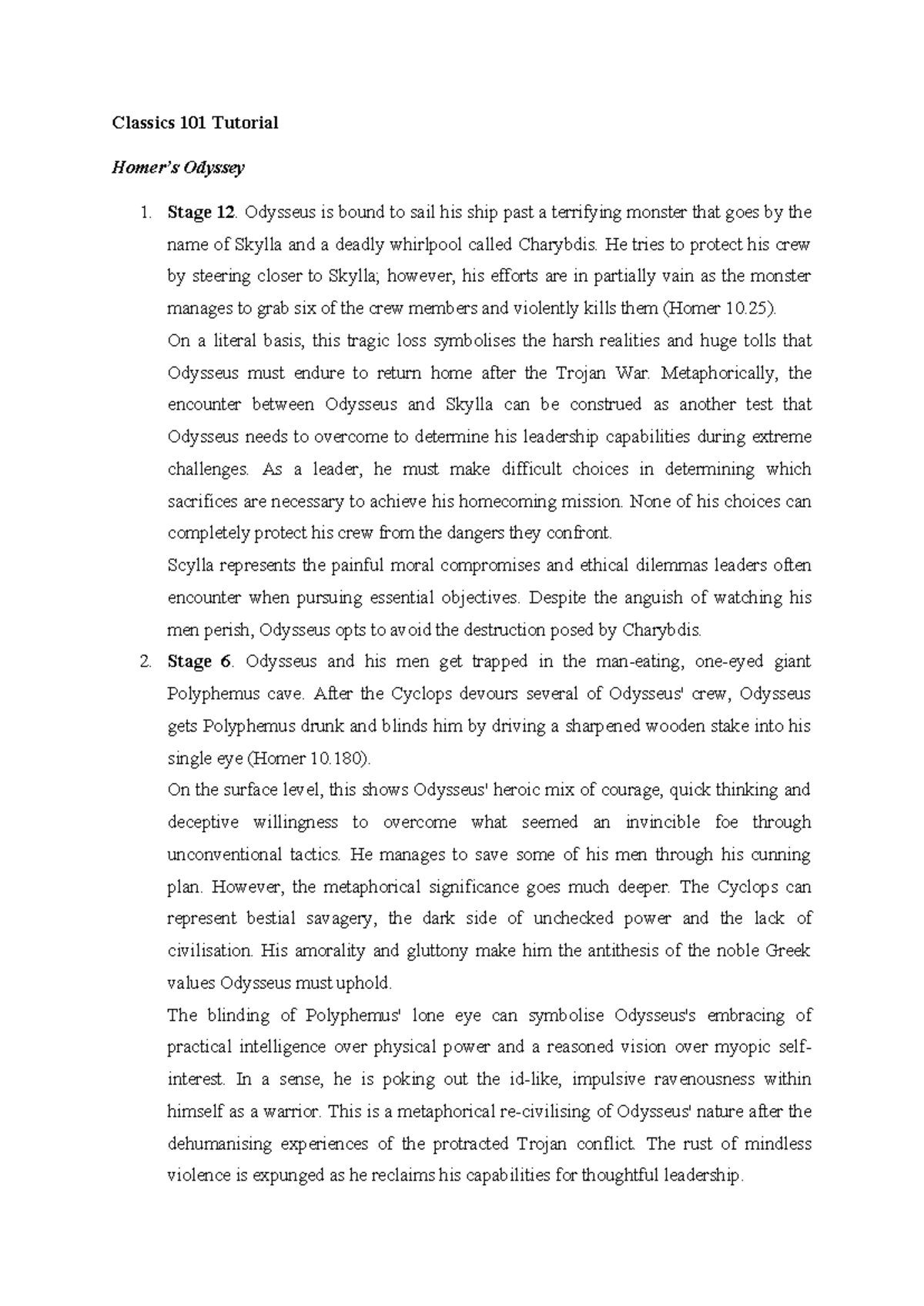 Classics 101 tut 4 - Examines five key stages of Odysseus's journey in ...