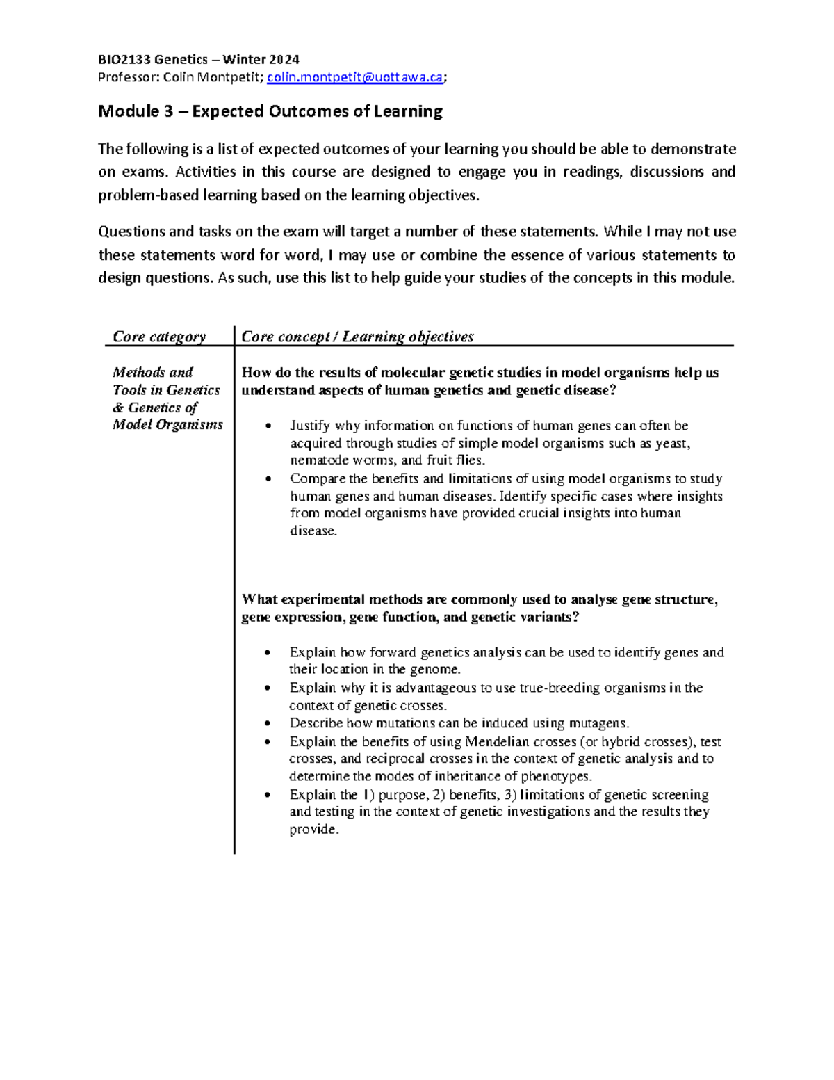 Learning Guide - Module 3 - BIO2133 Genetics – Winter 20 24 Professor ...
