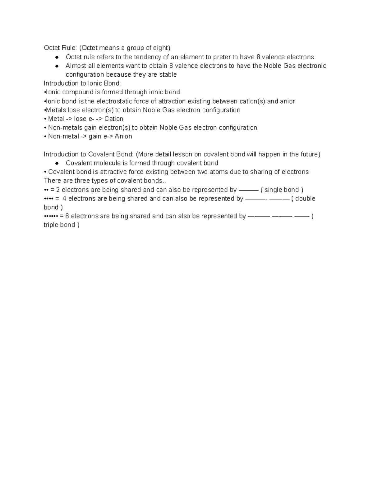 Chemical Bonding Introduction - Octet Rule: (Octet means a group of ...