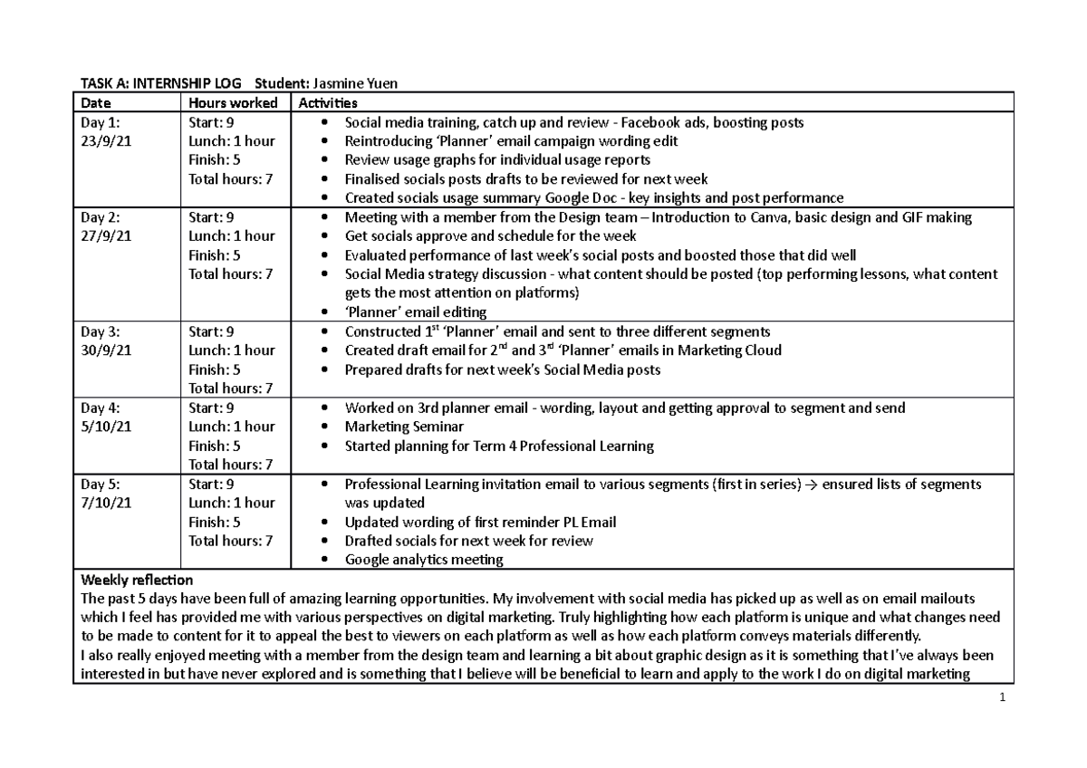 Internship Log Template - TASK A: INTERNSHIP LOG Student: Jasmine Yuen ...
