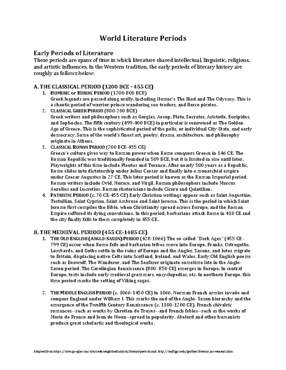 Literary Period - notes - World Literature Periods Early Periods of ...