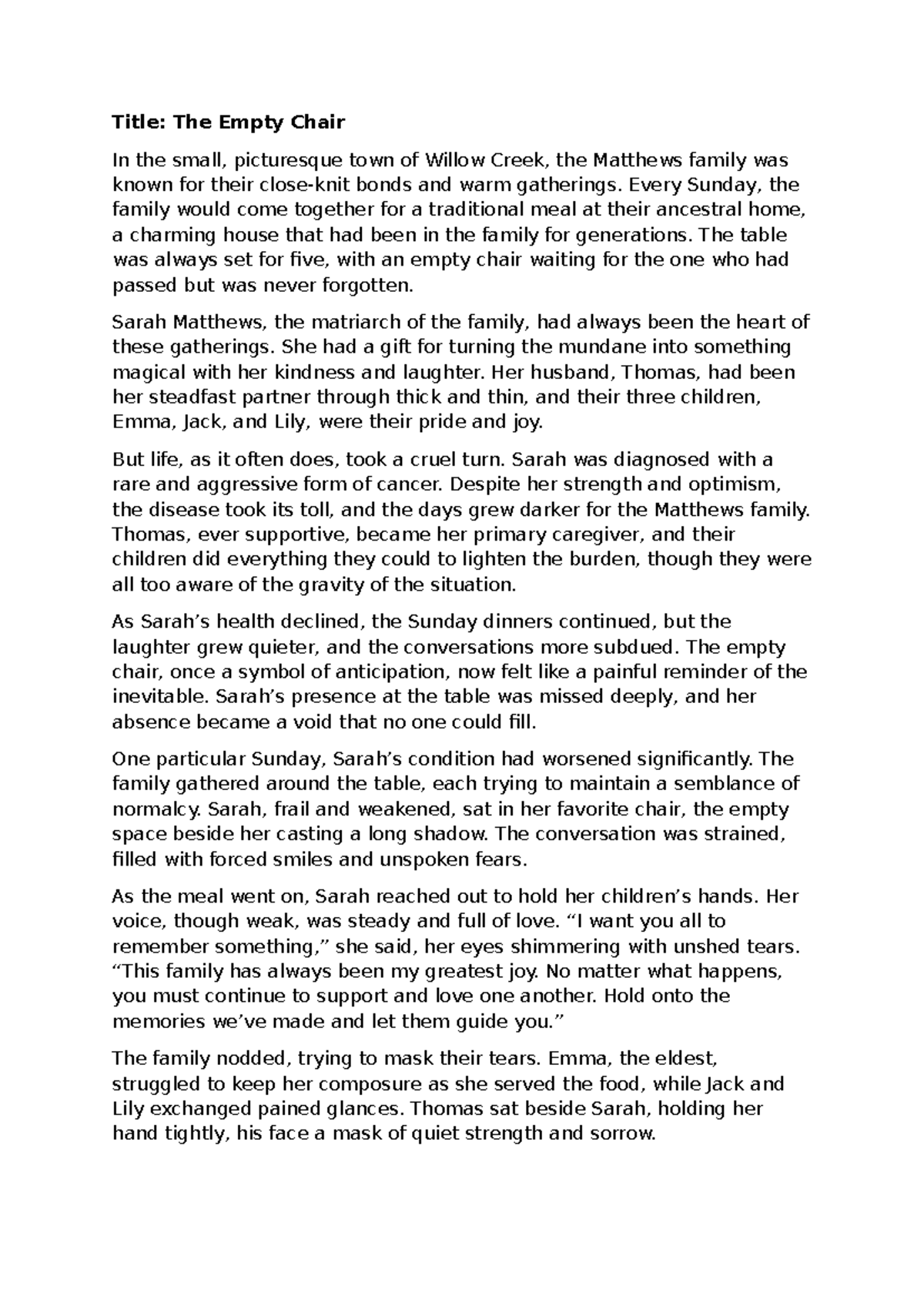 The Empty Chair - ESSAY - Title: The Empty Chair In the small ...