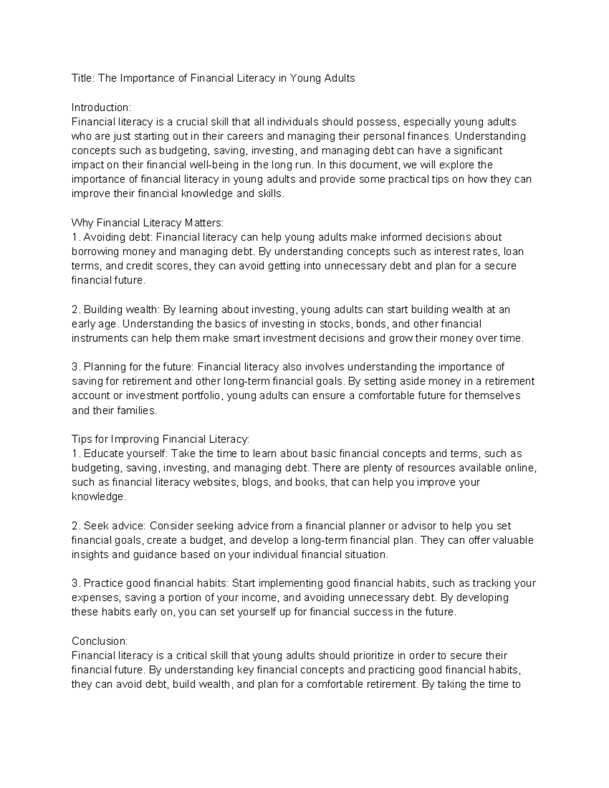 The Importance of Financial Literacy in Young Adults - Title: The ...