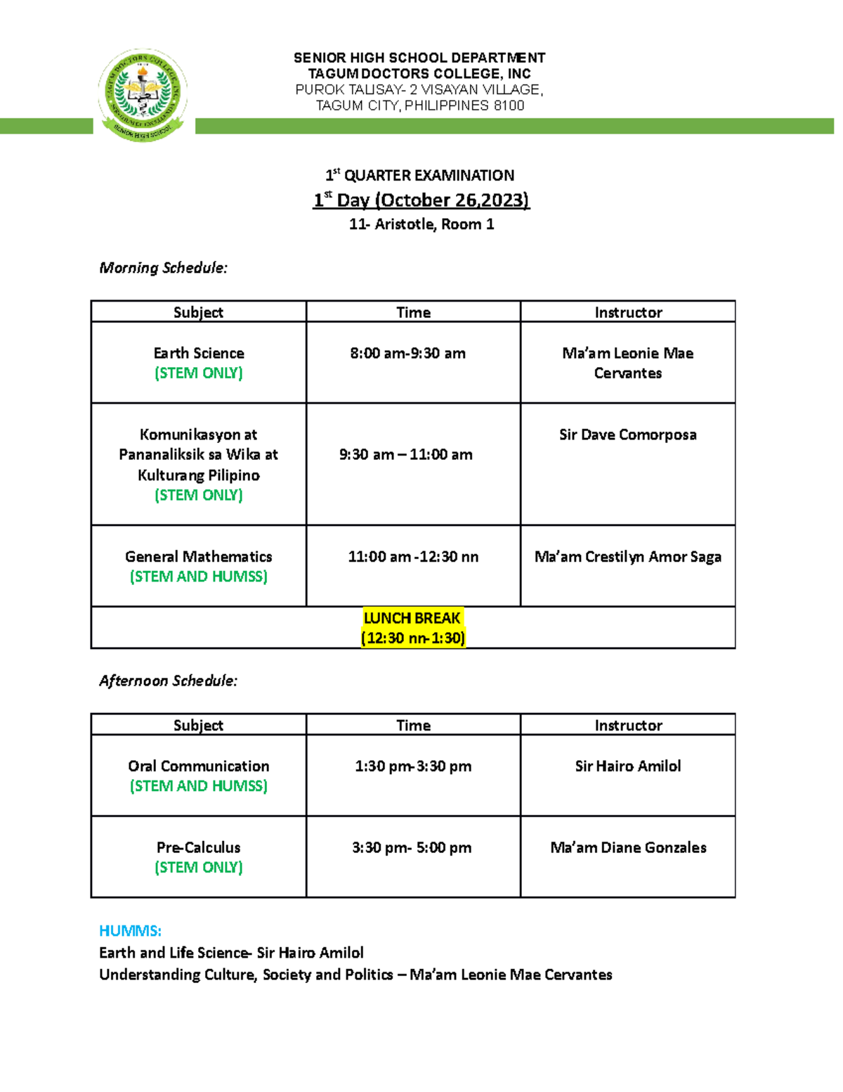 Grade 11 1ST Quarter EXAM Schedule - TAGUM DOCTORS COLLEGE, INC PUROK ...
