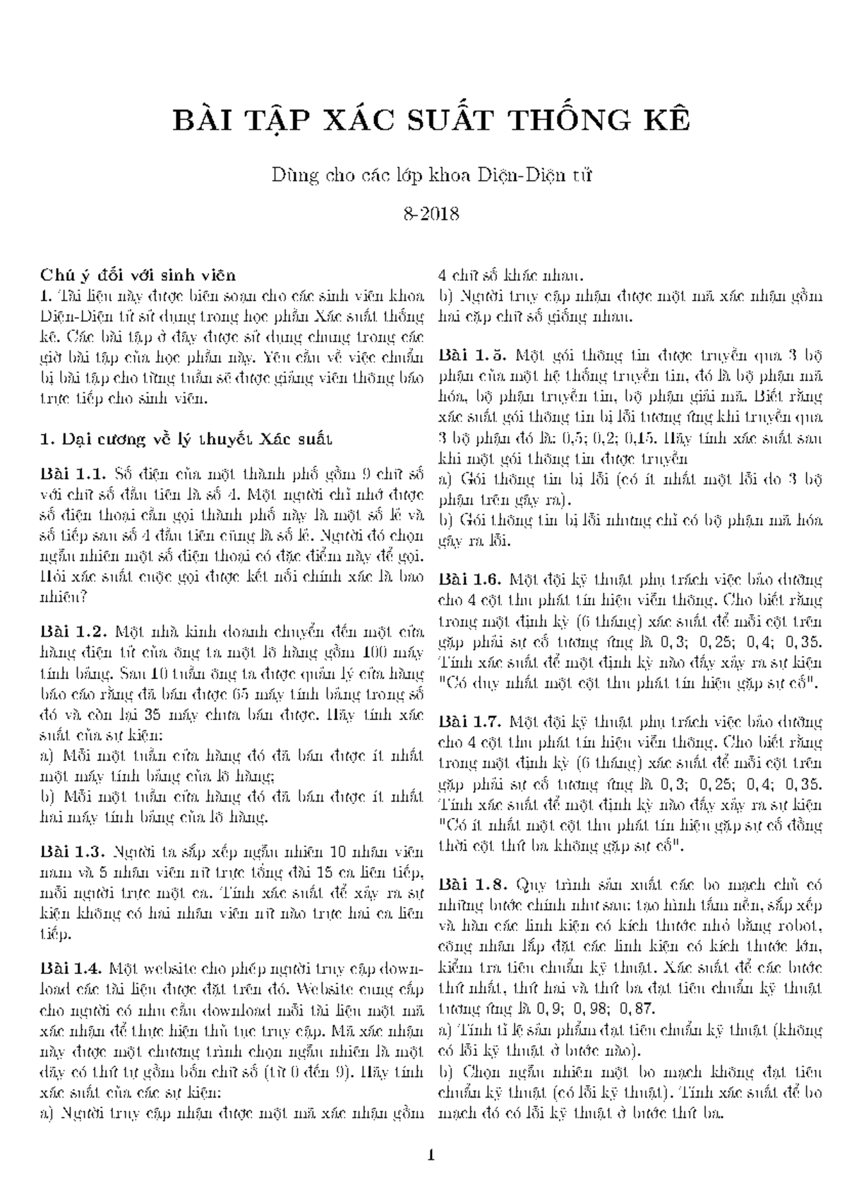 Bai tap xac suat thong ke dien dien tu 2018 - B I T P X C SU T THÈNG K Dòng cho c¡c lîp khoa ...