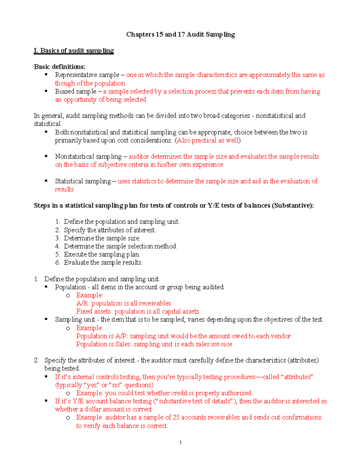 Chapter 15and17 Audit Sampling - Chapters 15 and 17 Audit Sampling I. Basics of audit sampling ...