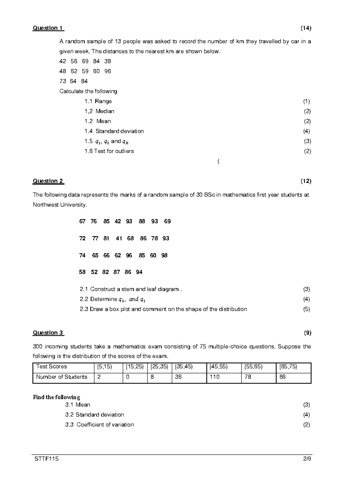 Chapter 4 and 5 2 - NOTES - STTF115 2 / 9 Question 1 ( 14 ) A random ...