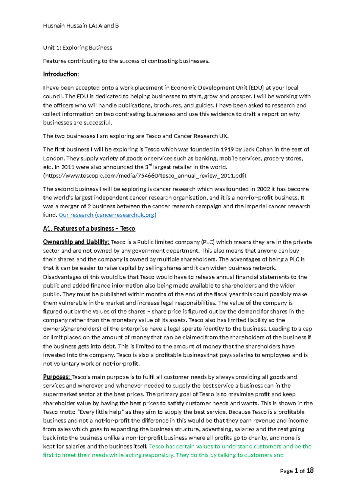 Unit 1 LA A AND B assighnment - Unit 1: Exploring Business Features contributing to the success ...