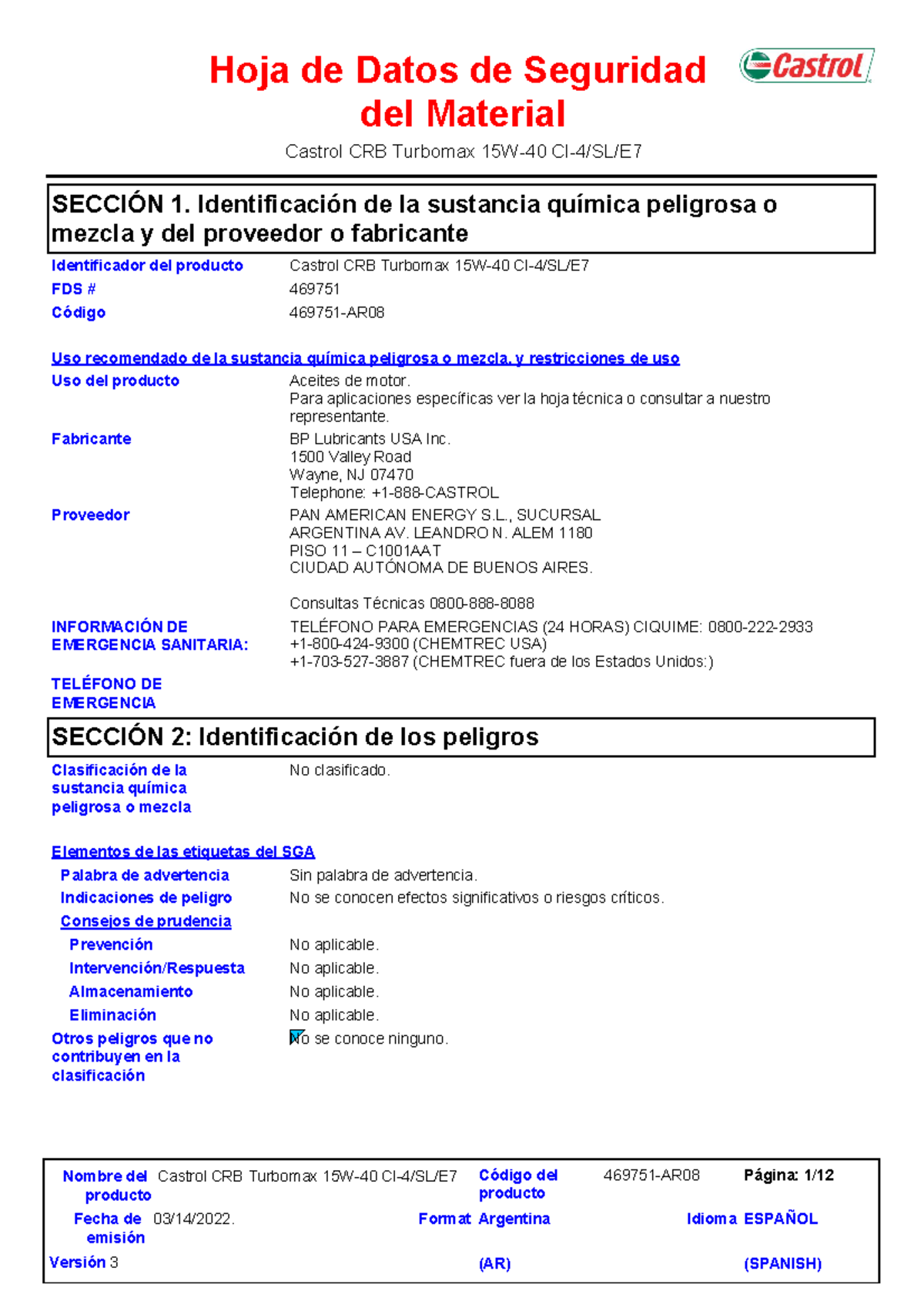 MSDS Aceite Castrol CRB Turbomax 15W-40 - Identificador del producto ...