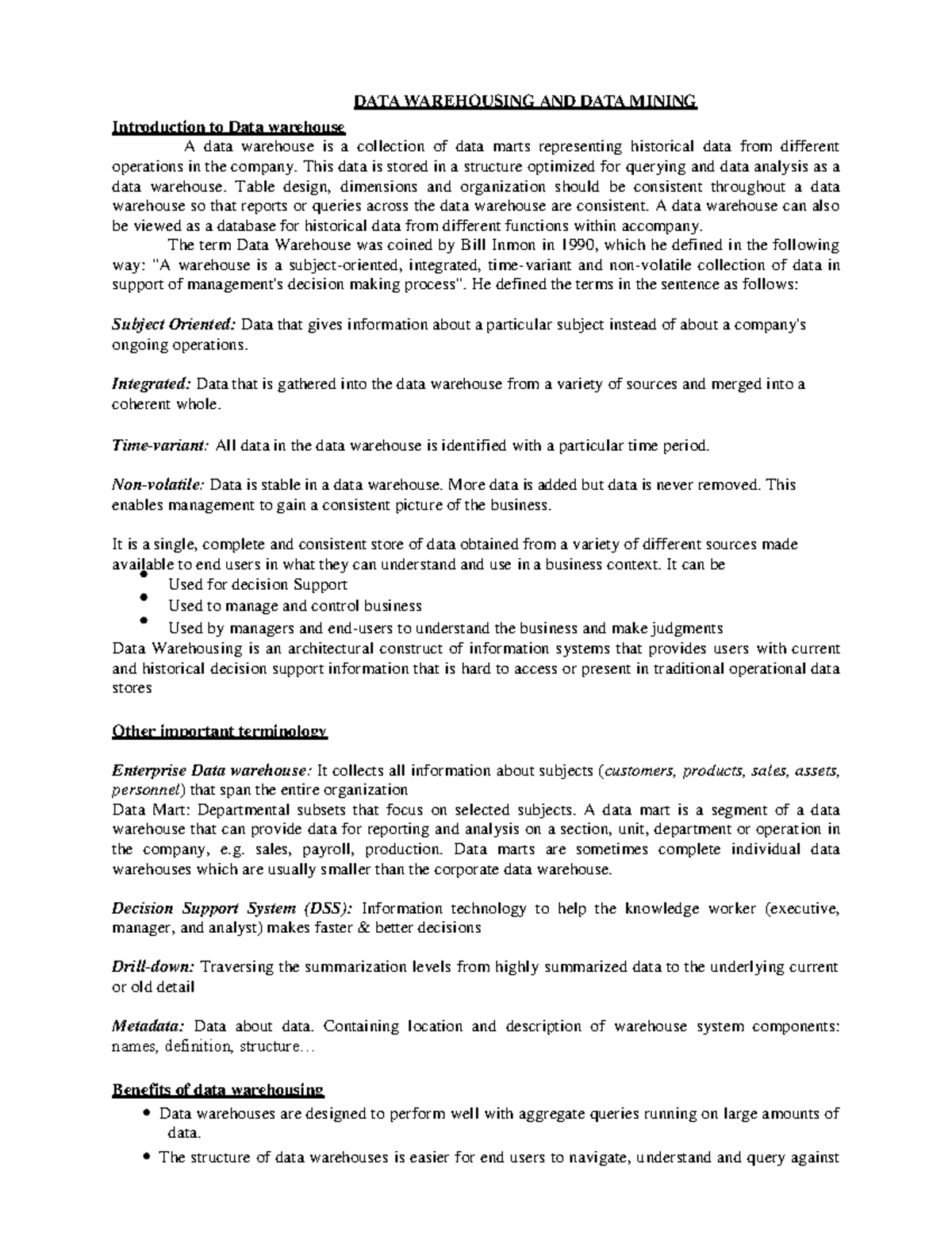DATA Warehousing&DATA Mining Study-material - ####### DATA WAREHOUSING ...