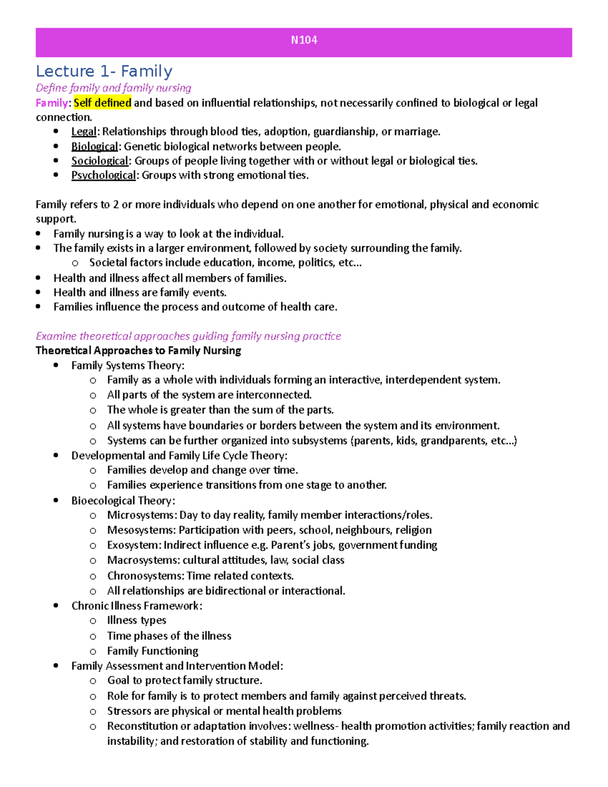 Family Notes Class - N104 Lecture 1- Family Define family and family ...