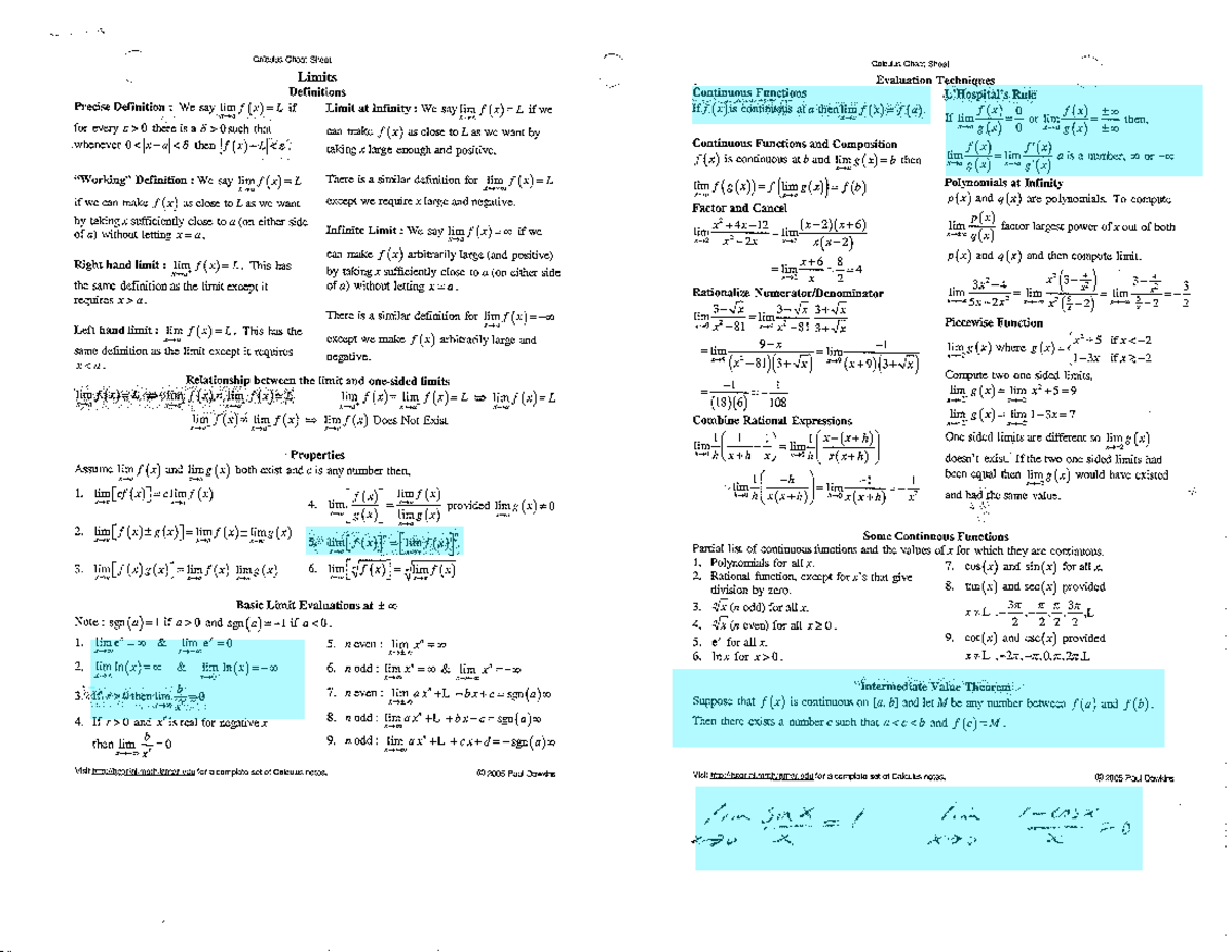 Formulas for the Quiz - Ap calculus formula sheet - Studocu