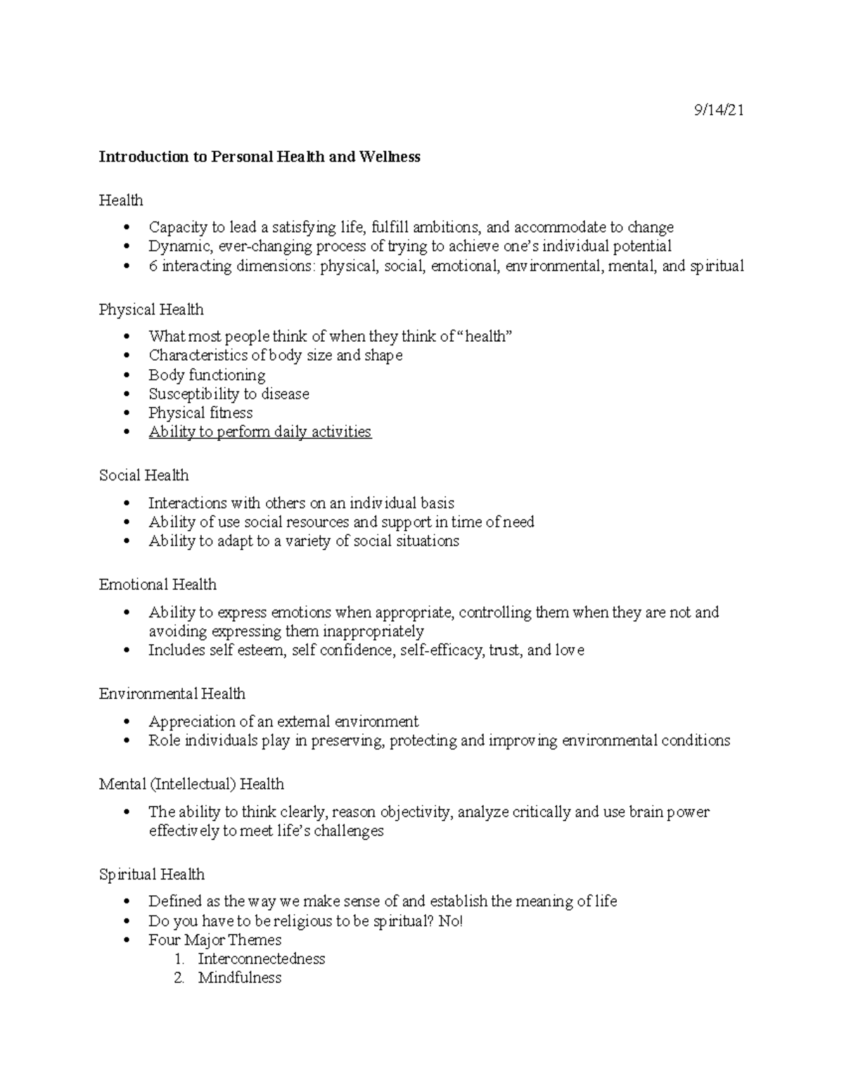 KNES200 Introduction to Personal Health and Wellness - 9/14 ...