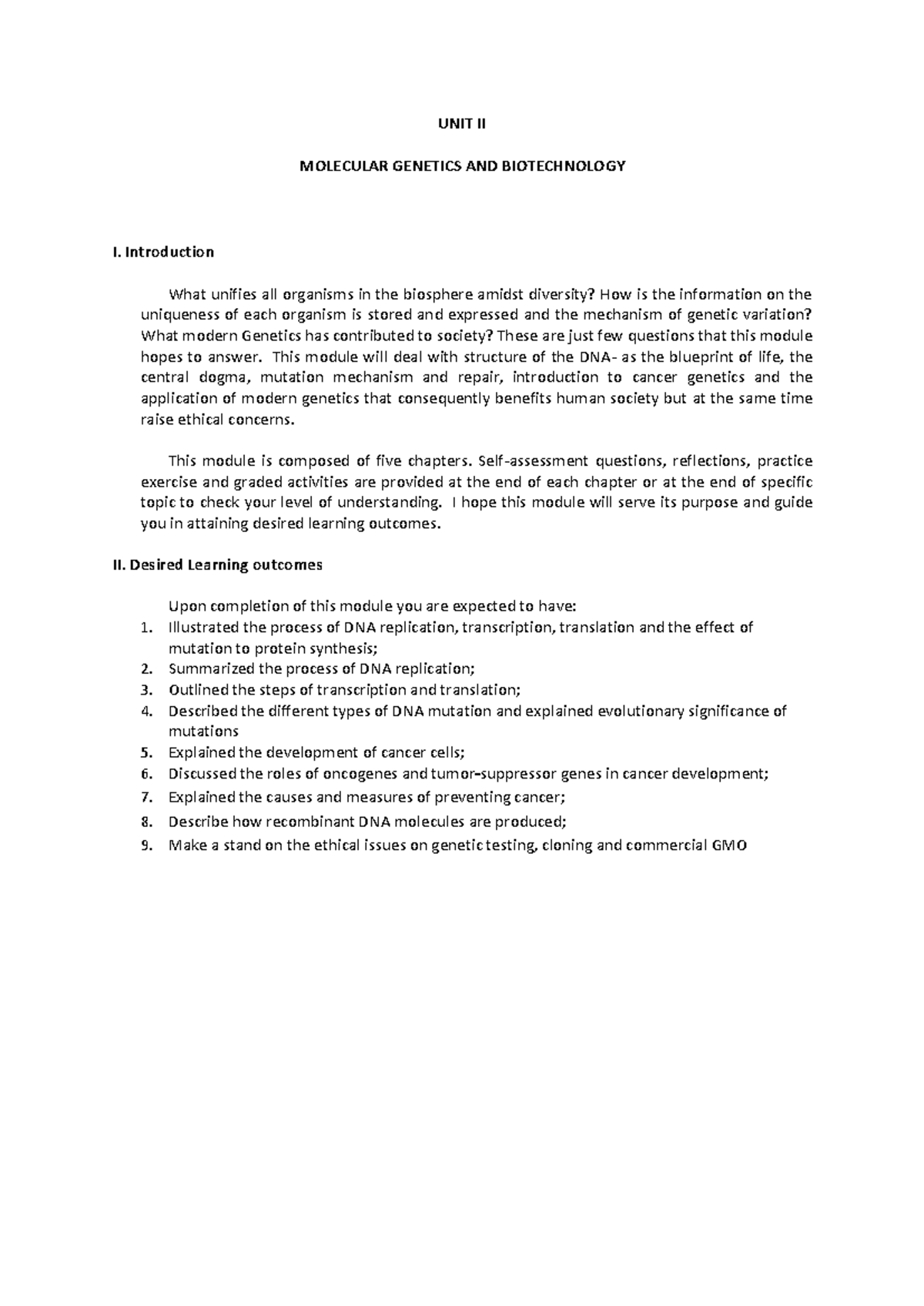 Compilation Notes Unit 2 - UNIT II MOLECULAR GENETICS AND BIOTECHNOLOGY ...
