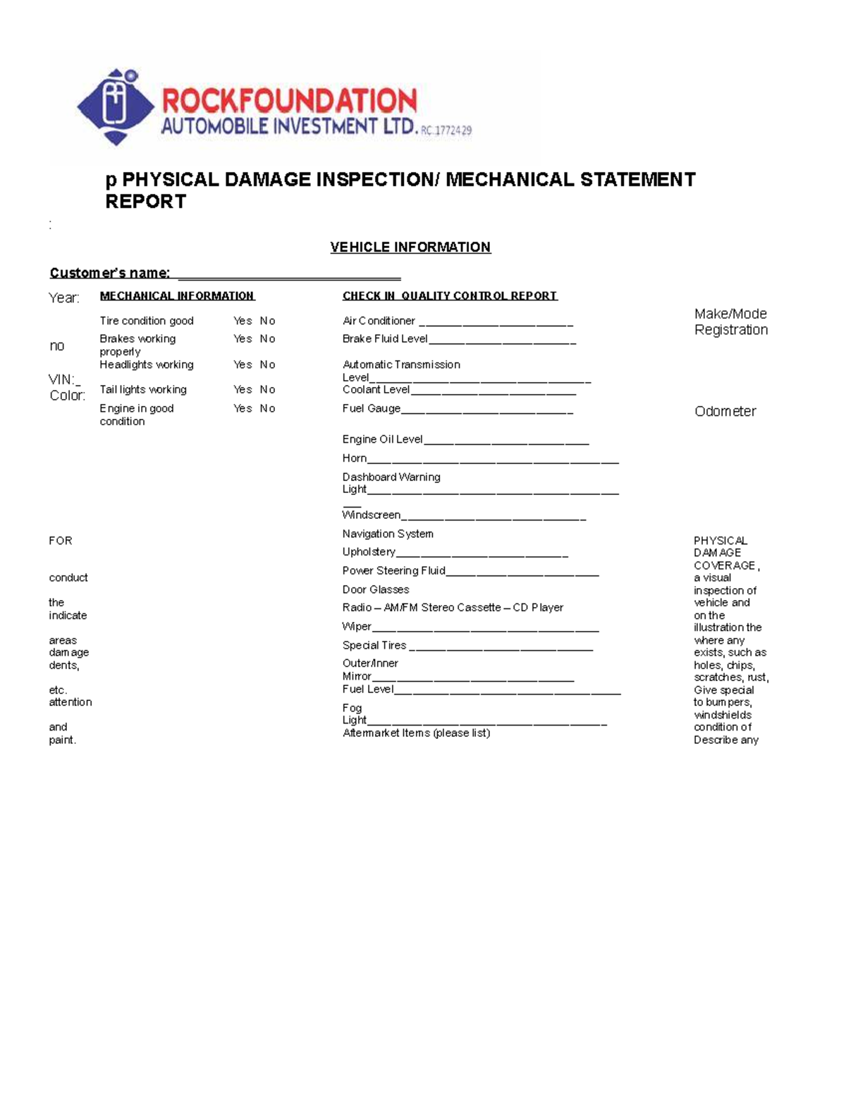 Microsoft Word - Vehicle Inspection-Mechanical Form - p PHYSICAL DAMAGE ...