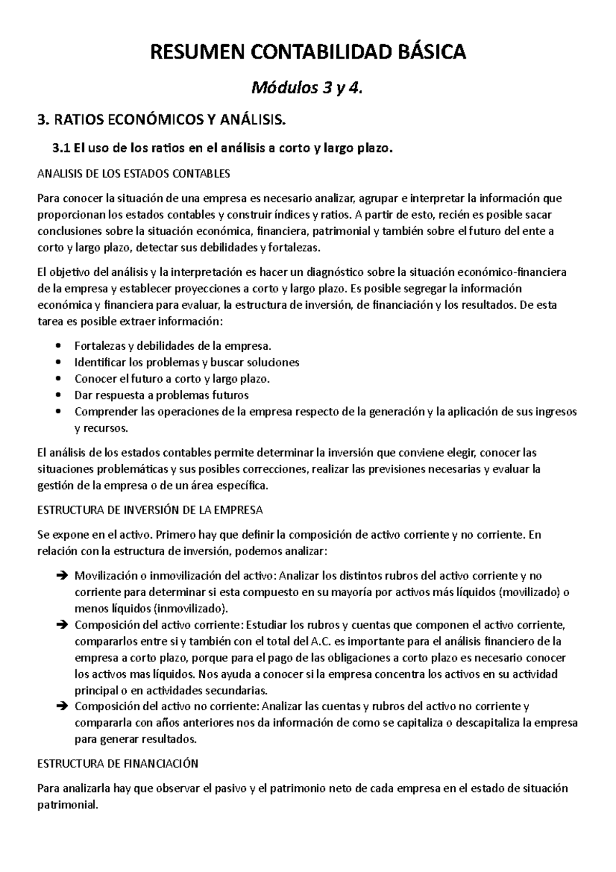 Resumen parcial 2 - RESUMEN CONTABILIDAD BÁSICA Módulos 3 y 4. 3. RATIOS ECONÓMICOS Y ANÁLISIS ...